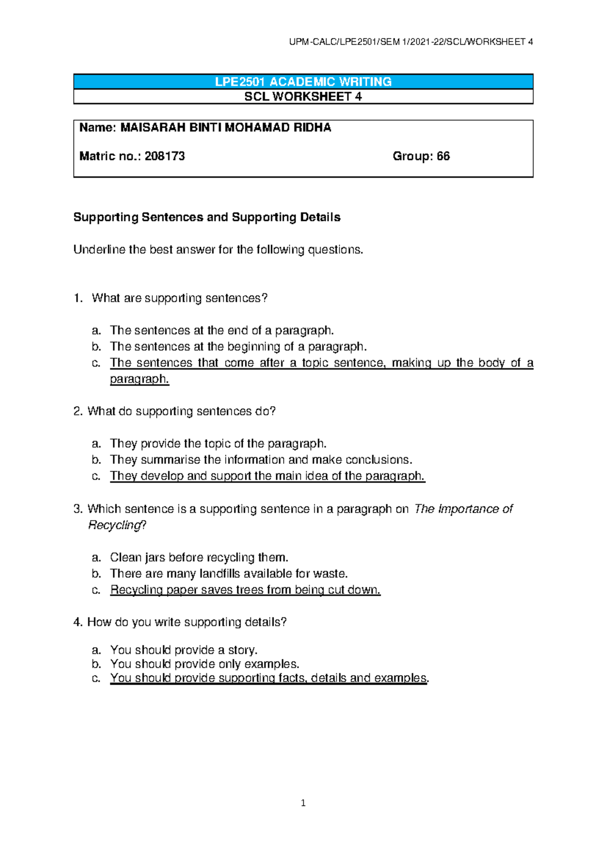 LPE2501 SCL Worksheet 4: Supporting Sentences & Details Guide - Studocu