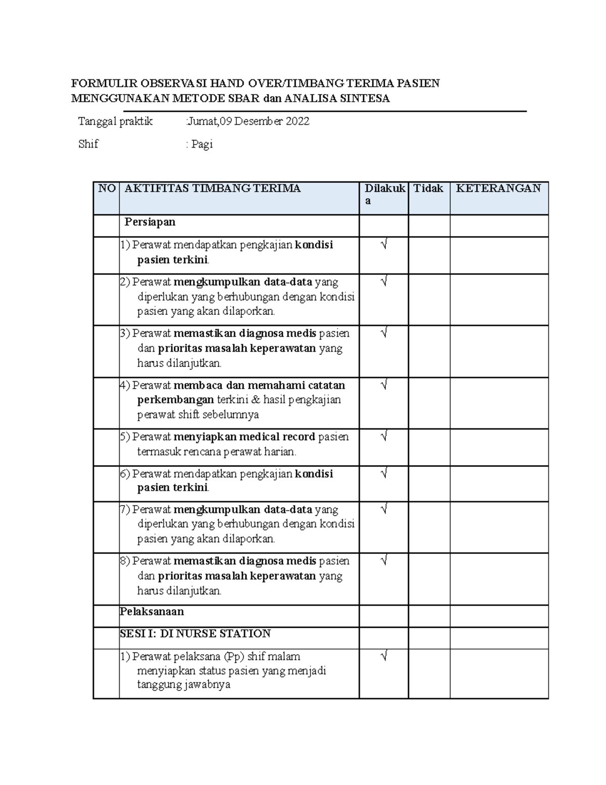 Formulir Observasi HAND OVER & Timbang Terima Pasien (Metode SBAR ...