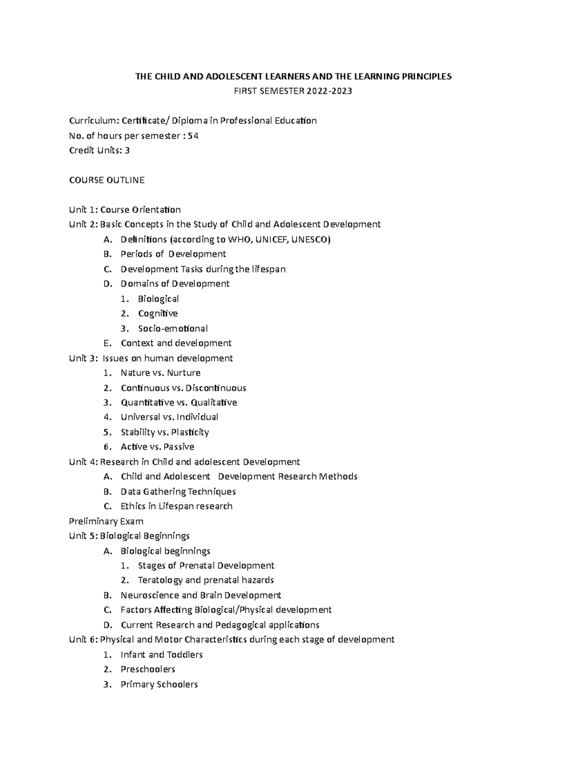 Child and Adolescent Learning Principles - Course Outline 1st Sem 22-23 ...