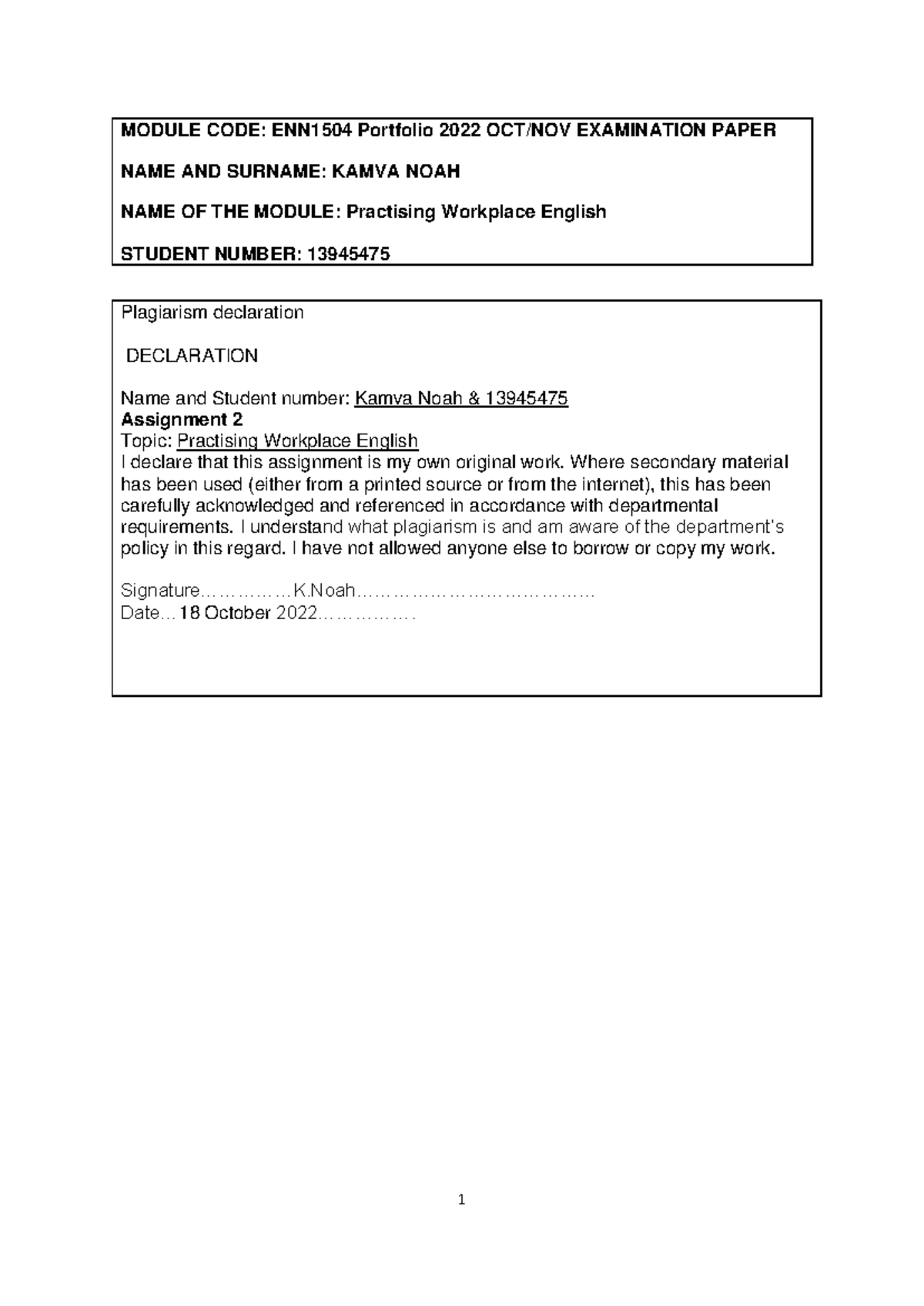 ENN1504 Portfolio: Practising Workplace English Exam Insights - Studocu