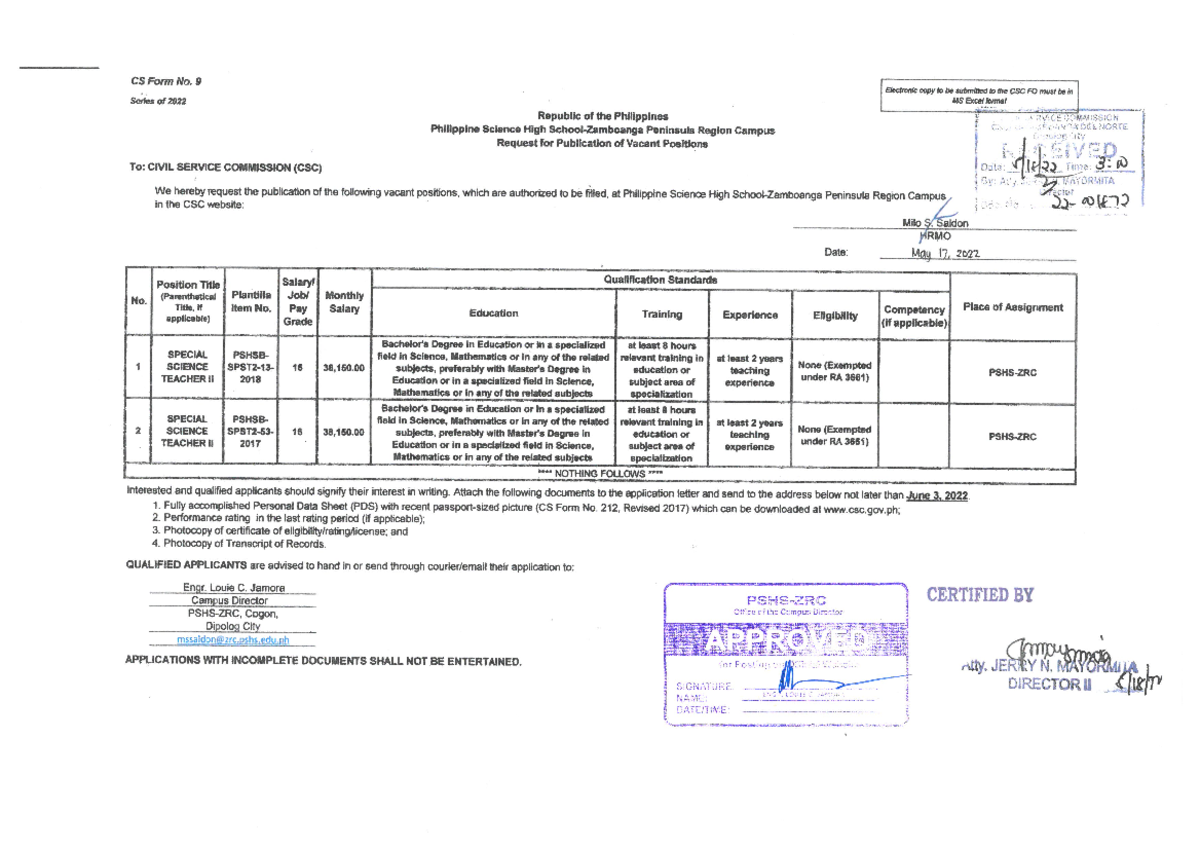 Publication of Vacant Science Teacher II Positions - CSC Form No. 9 ...