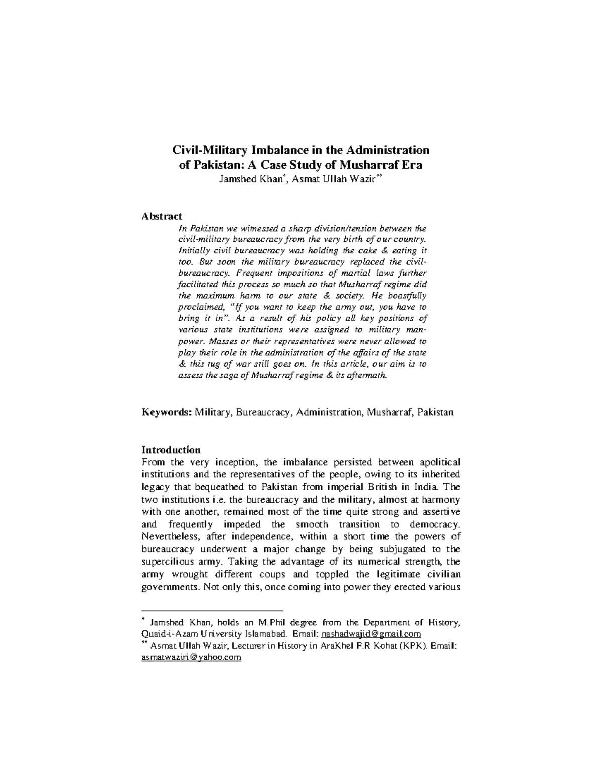 Civil-Military Dynamics in Pakistan: Case Study of Musharraf Era (2011 ...