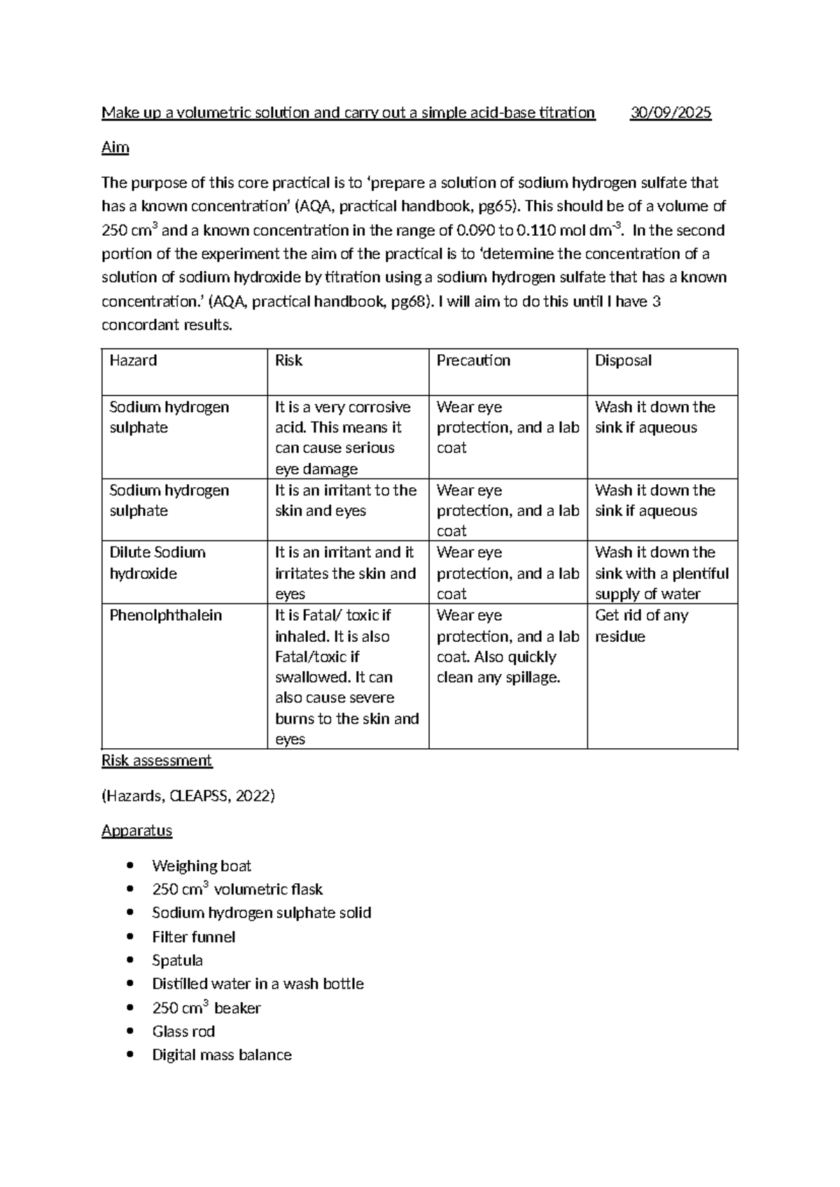 Core Practical 1: Making Volumetric Solution & Titration (AQA) - Studocu