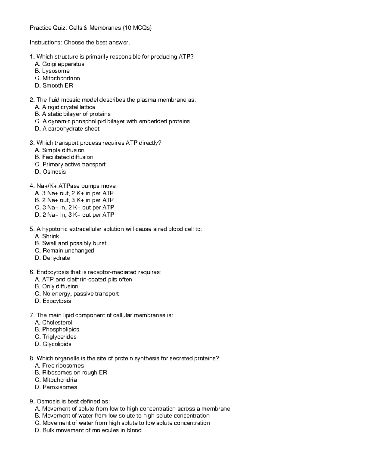 Practice Quiz: Cells & Membranes (10 MCQs) - Studocu