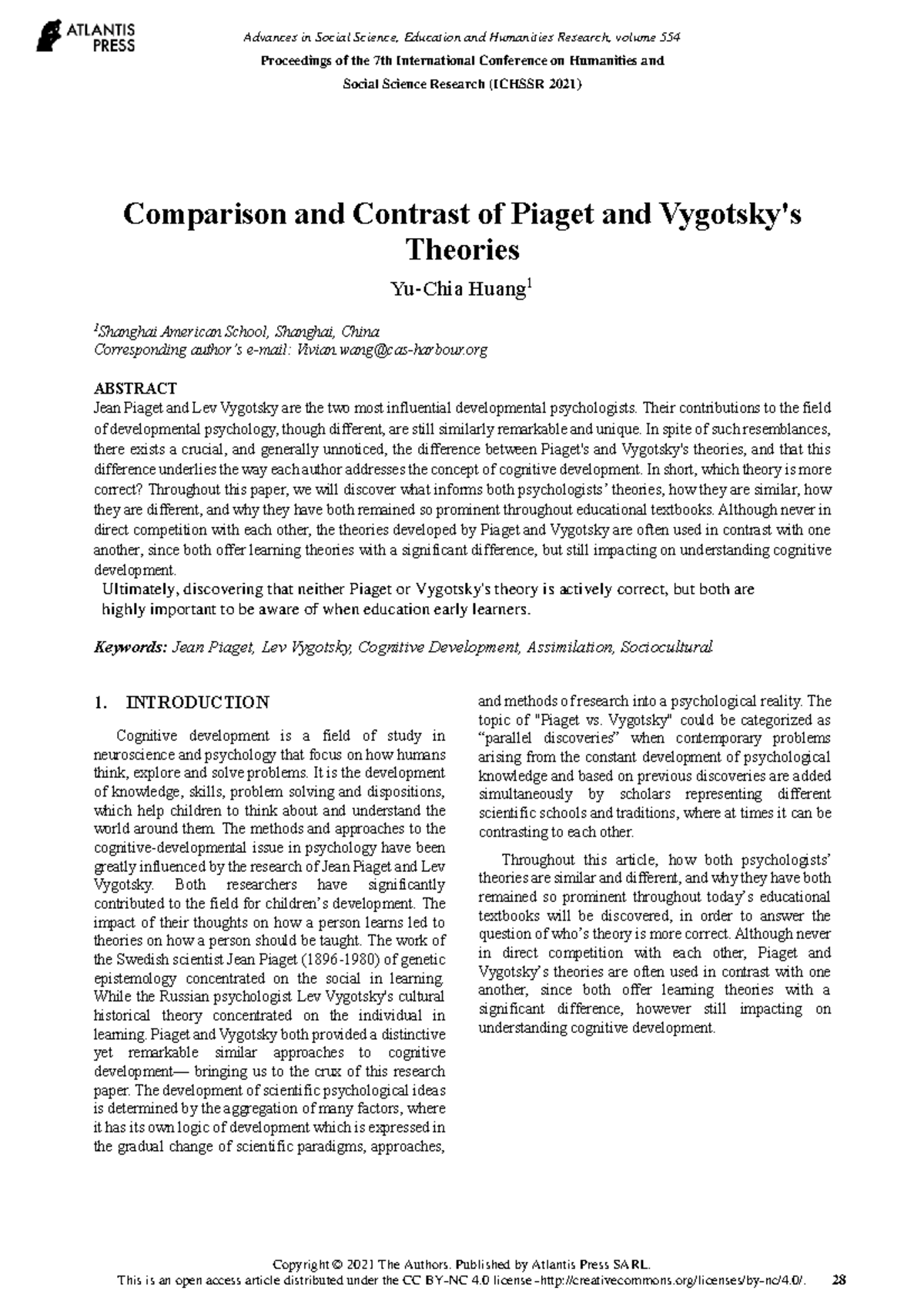 Comparison and Contrast of Piaget and Vygotsky's Theories in Cognitive ...
