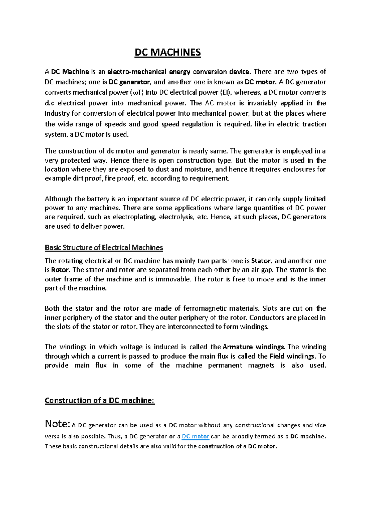 Dc machine Notes - DC MACHINES A DC Machine is an electro-mechanical ...
