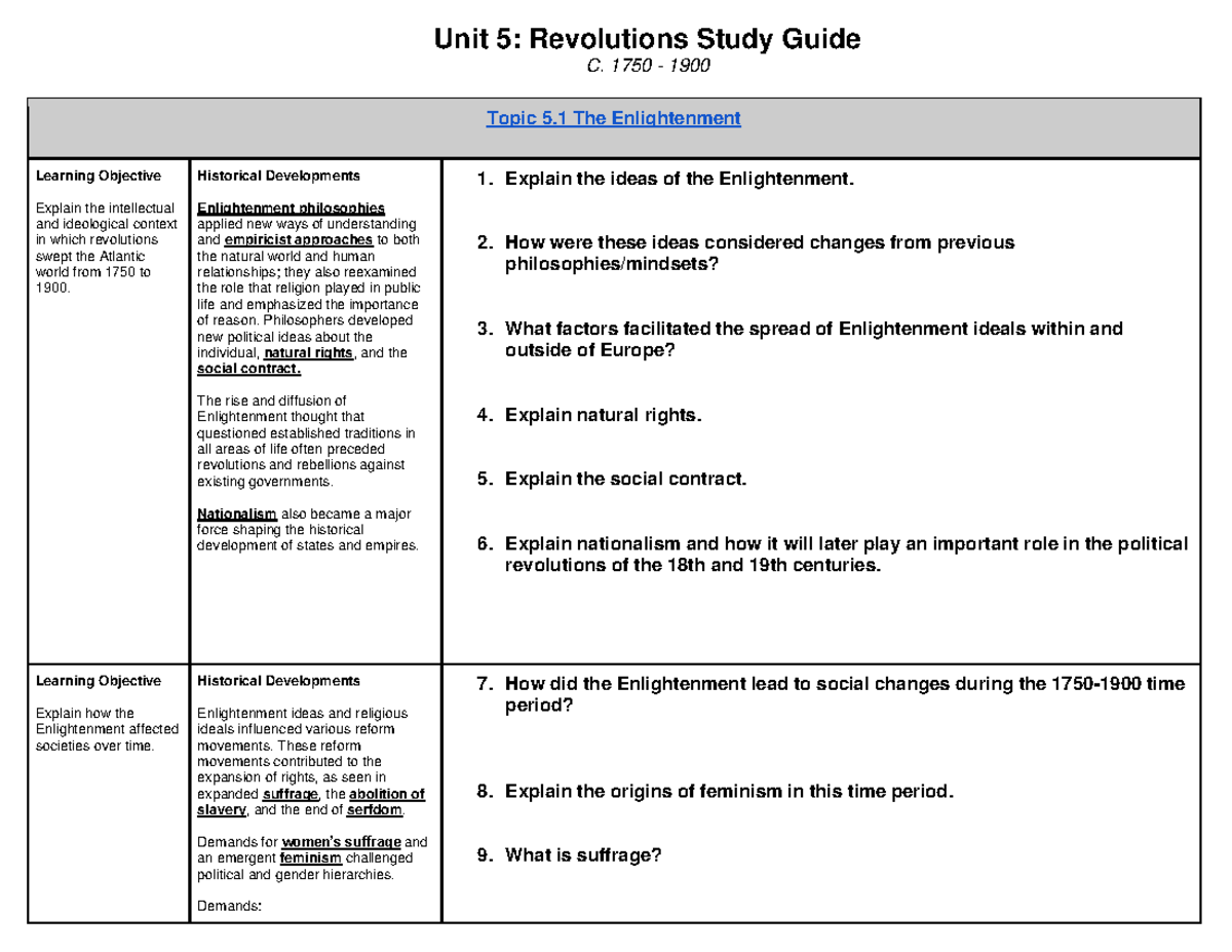 Unit 5 Study Guide: Revolutions from 1750 to 1900 - Studocu