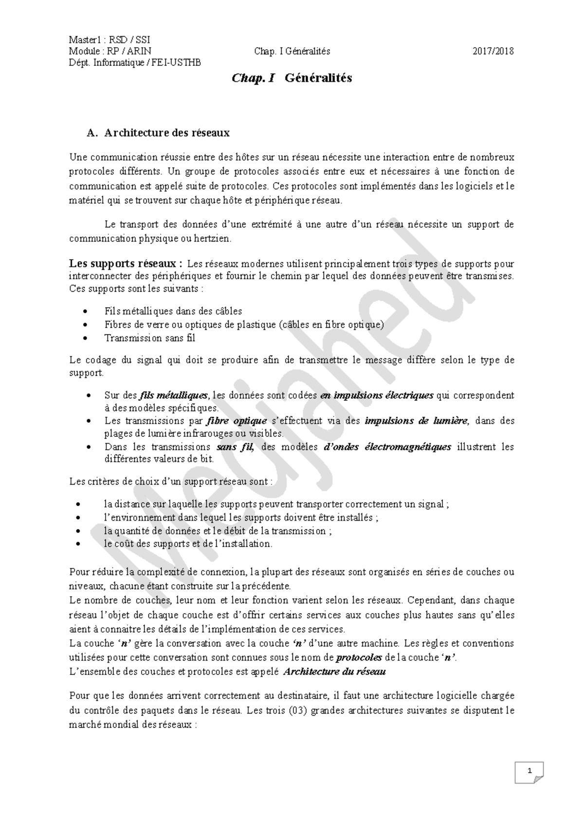 Master1 : RSD SSI Module : RP ARIN Dépt. Informatique Chap. I ...