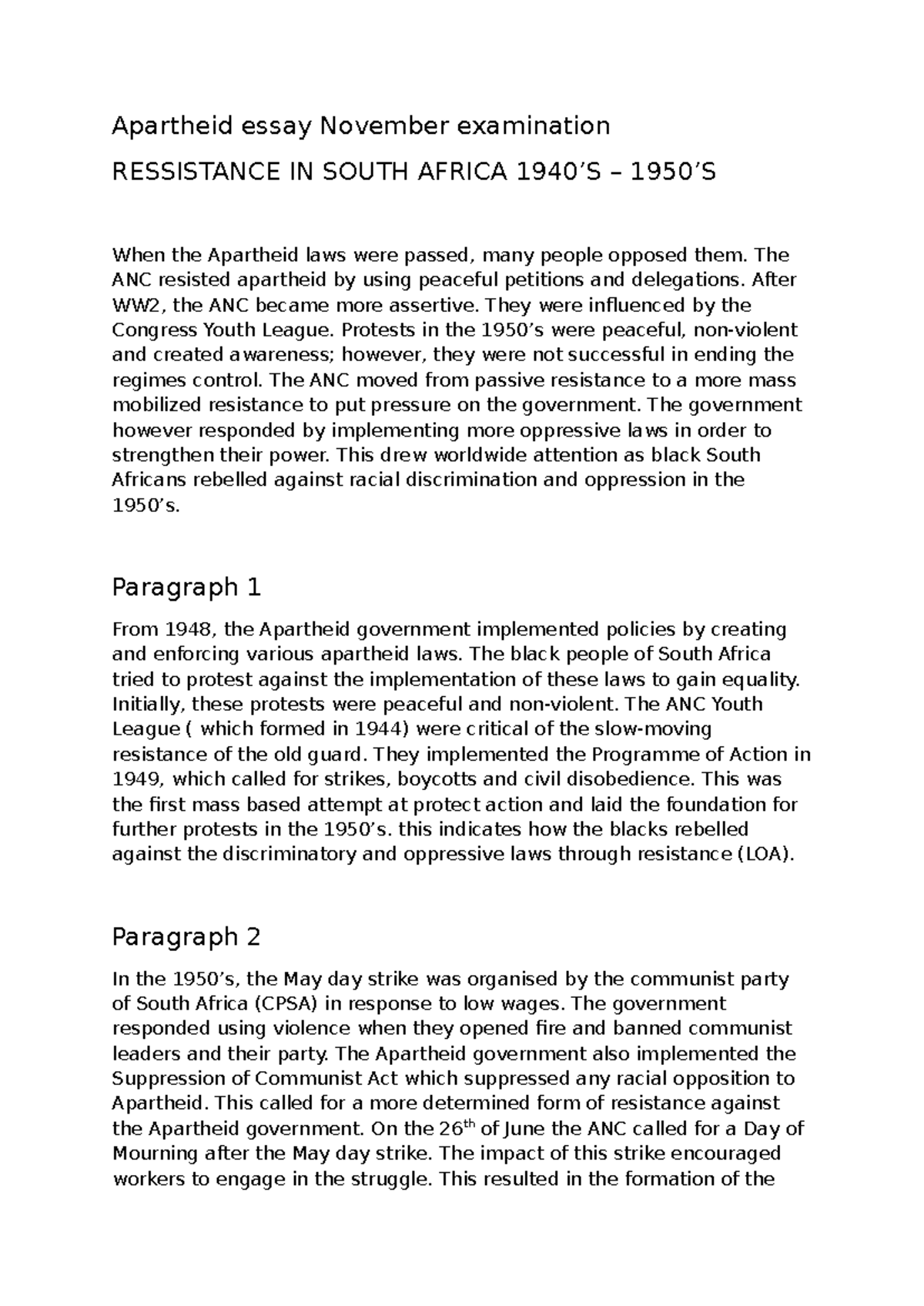 Apartheid Resistance in South Africa: November Exam Essay RESSISTANCE ...