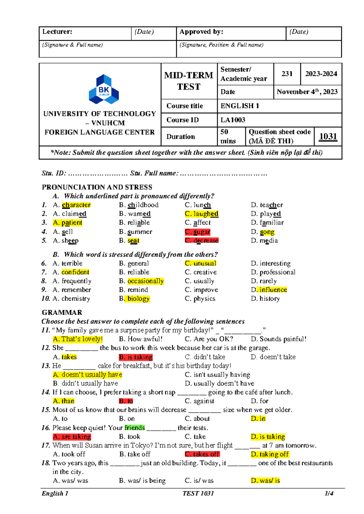 English 1 TEST 1031 - Pronunciation, Grammar, and Vocabulary - Studocu