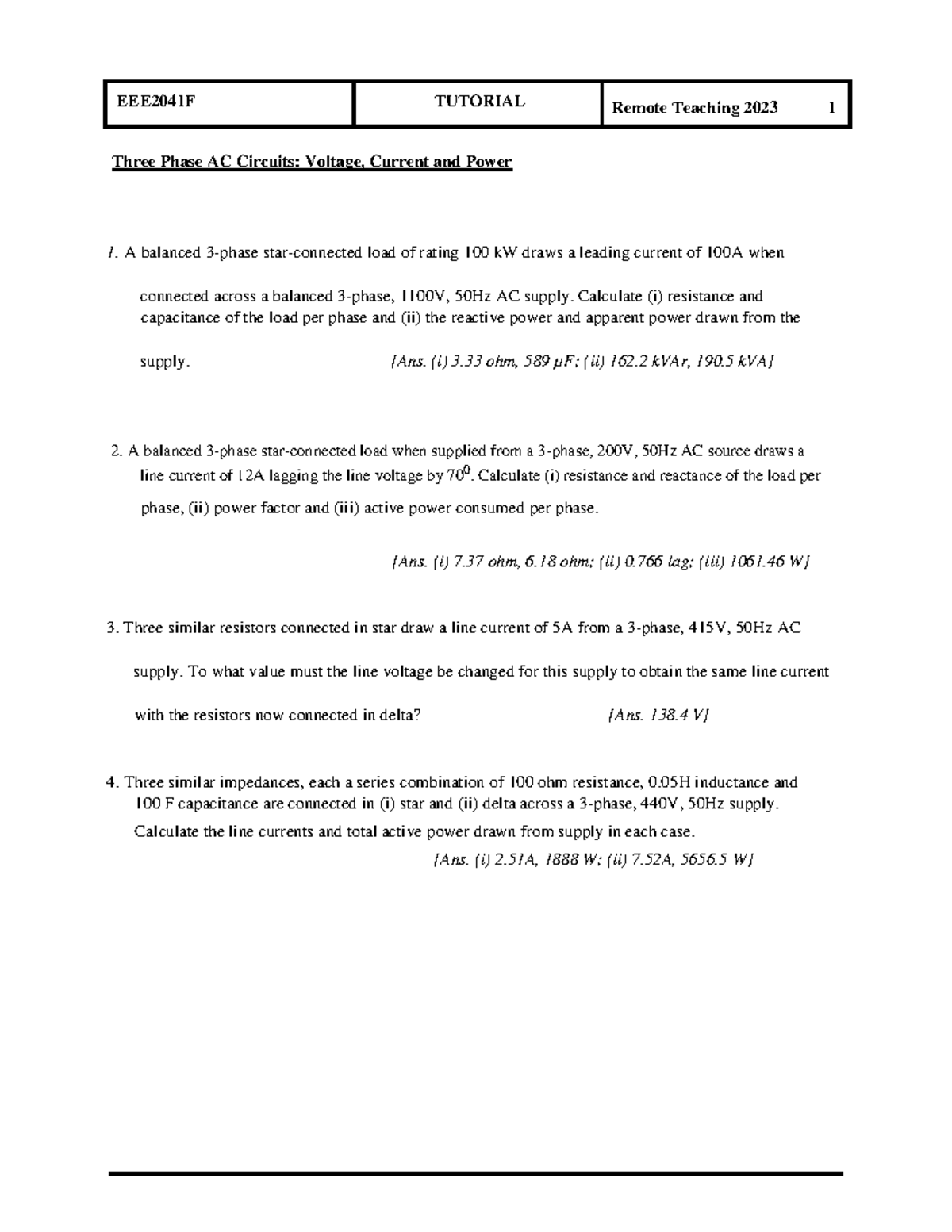 EEE2041F 2023 Week 7 Tutorial on Three Phase AC Circuits Analysis - Studocu
