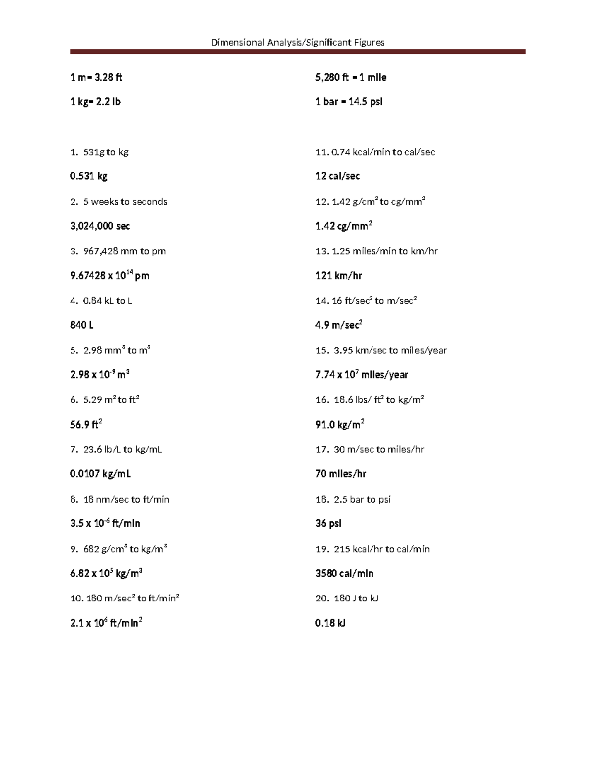 Dimensional Analysis Worksheet Answers (Course Code: DA101) - Studocu