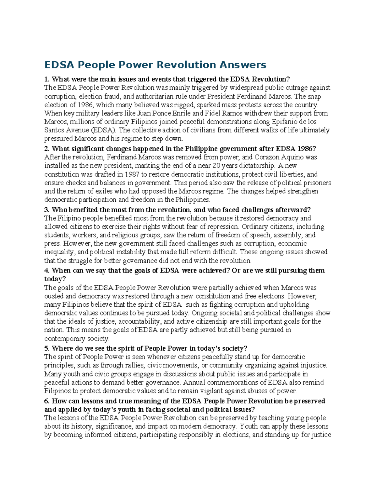 EDSA 1986 Revolution: Key Issues, Changes, and Lessons Learned - Studocu
