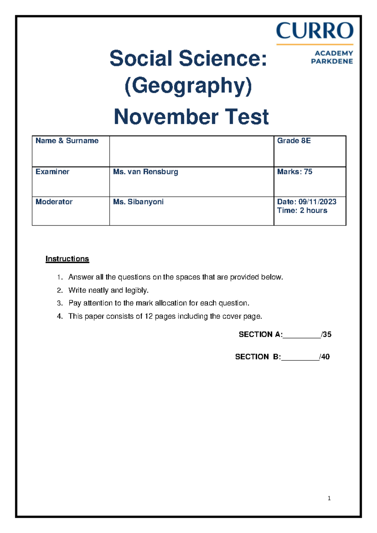 Gr 8 Geography: November Test on Settlement & Transport Concepts - Studocu