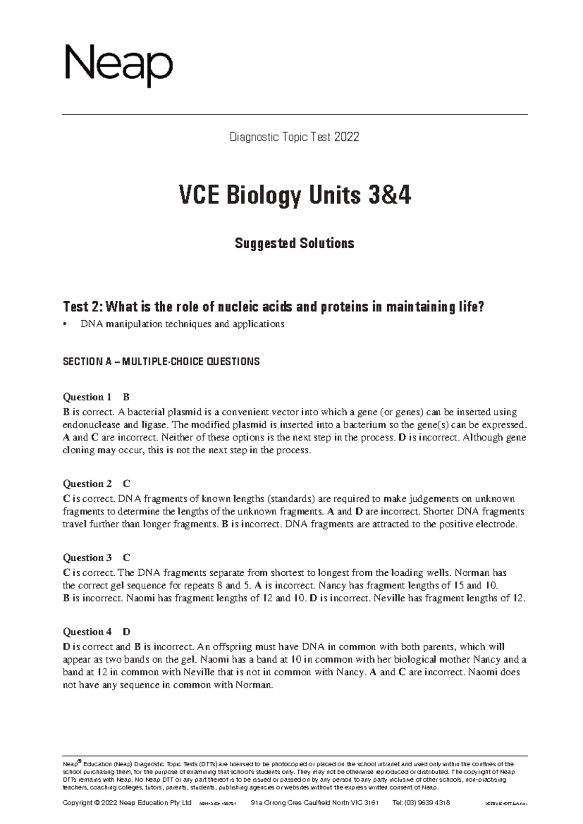 Test 2 VCE Biology Units 3&4 Diagnostic Topic Test Solutions 2022 - Studocu