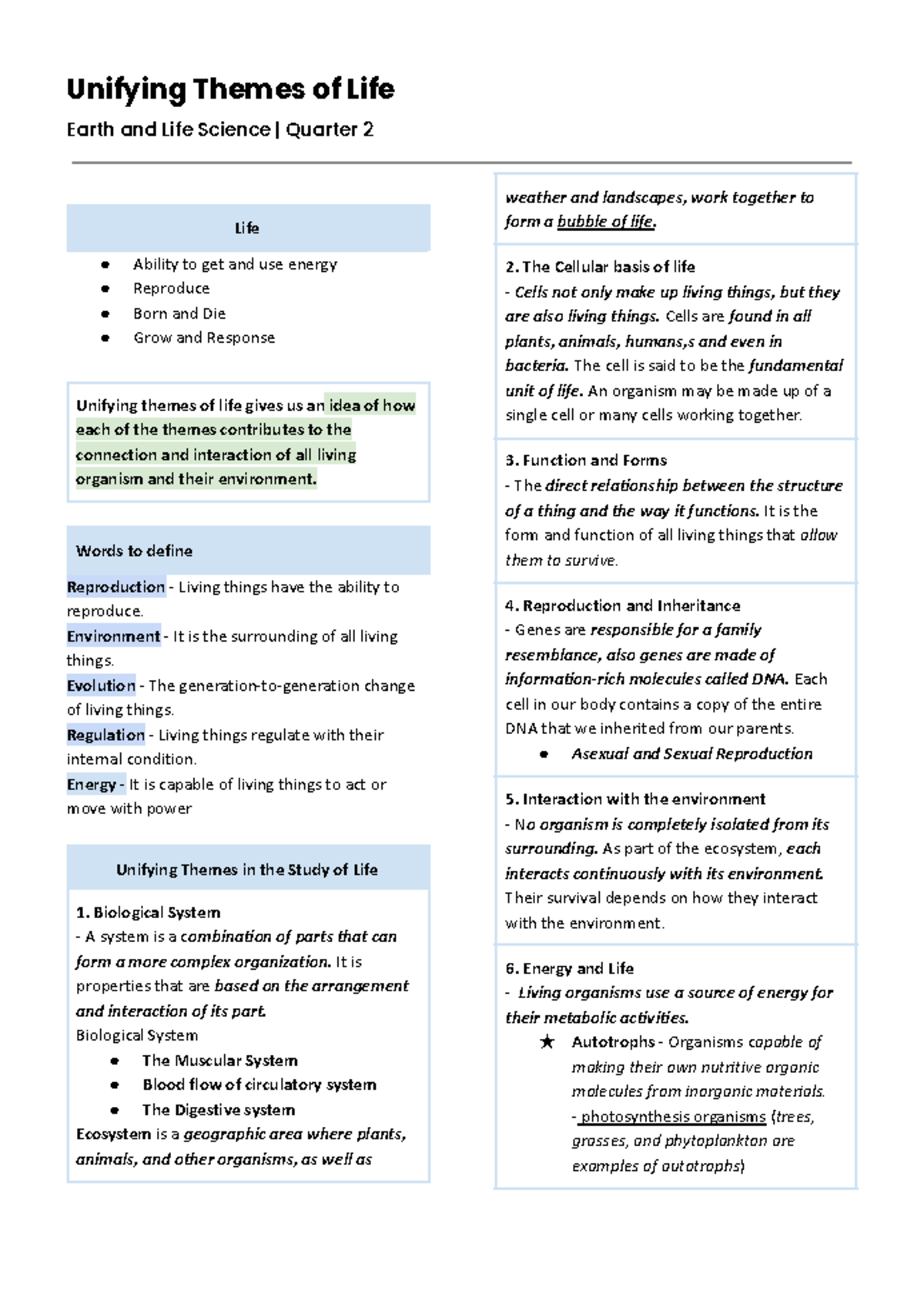 Lesson 1: Unifying Themes of Life - Earth & Life Science Q2 - Studocu