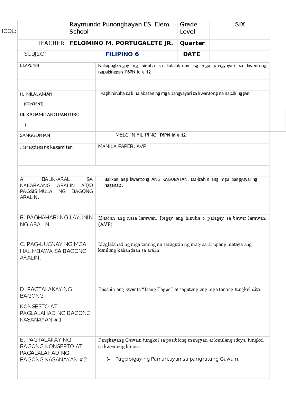 Filipino 6 DLP 1st Quarter Lesson on Paghihinuha: Activities ...