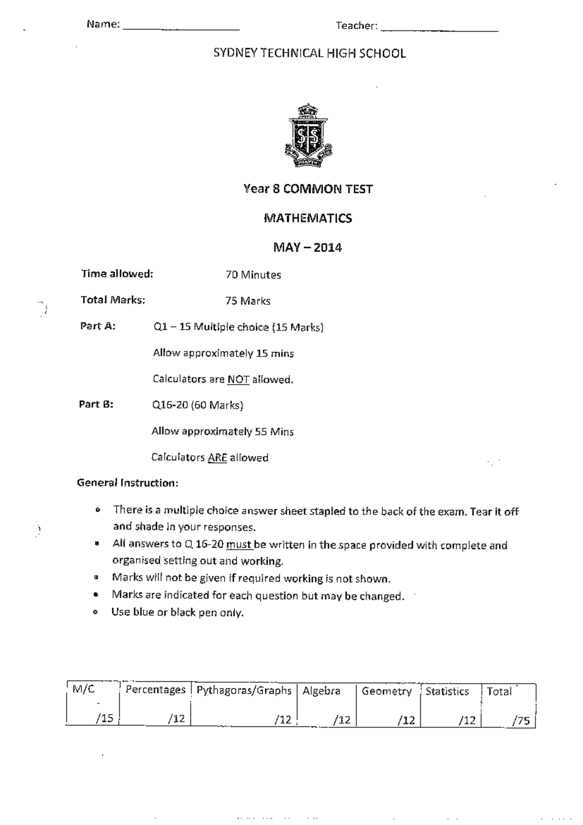 Year 8 Mathematics Common Test - Term 2, May 2014 - Studocu