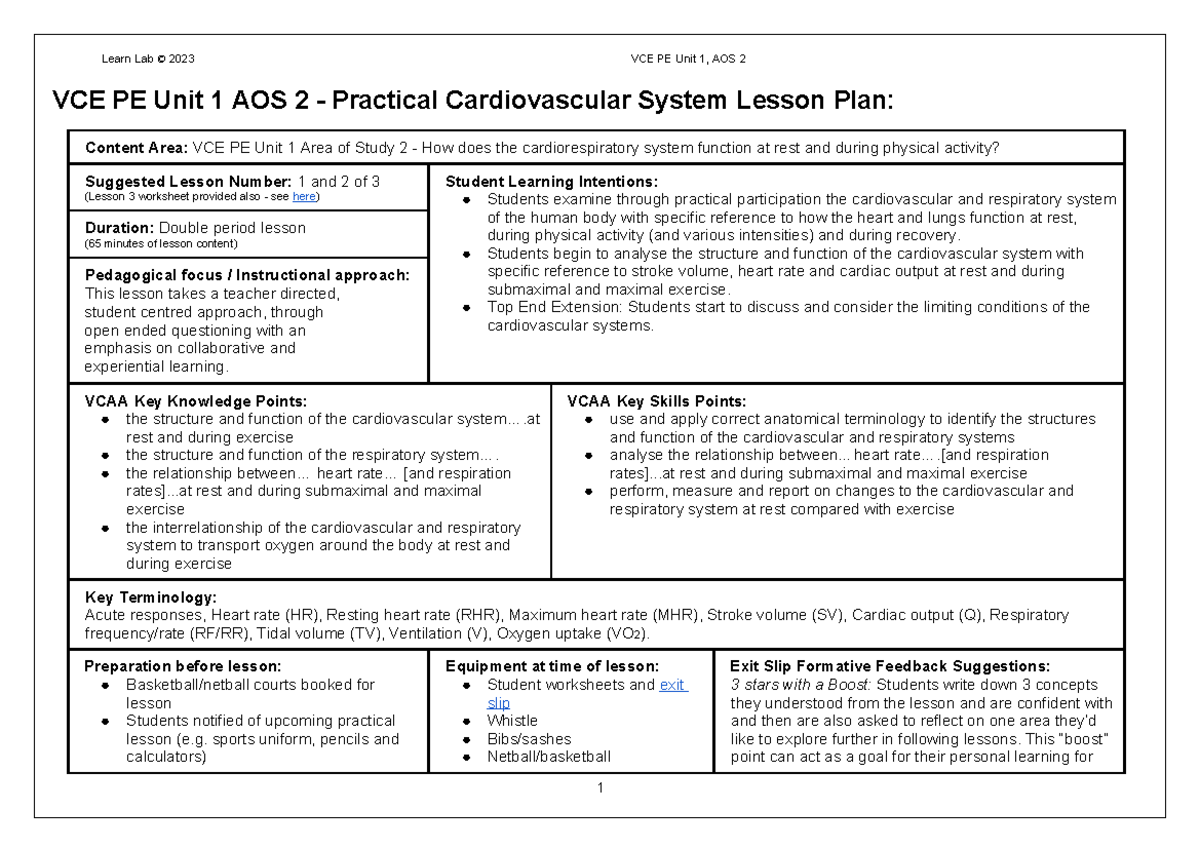Learn Lab 2023 VCE PE Unit 1, AOS 2: Cardiovascular System Practical ...