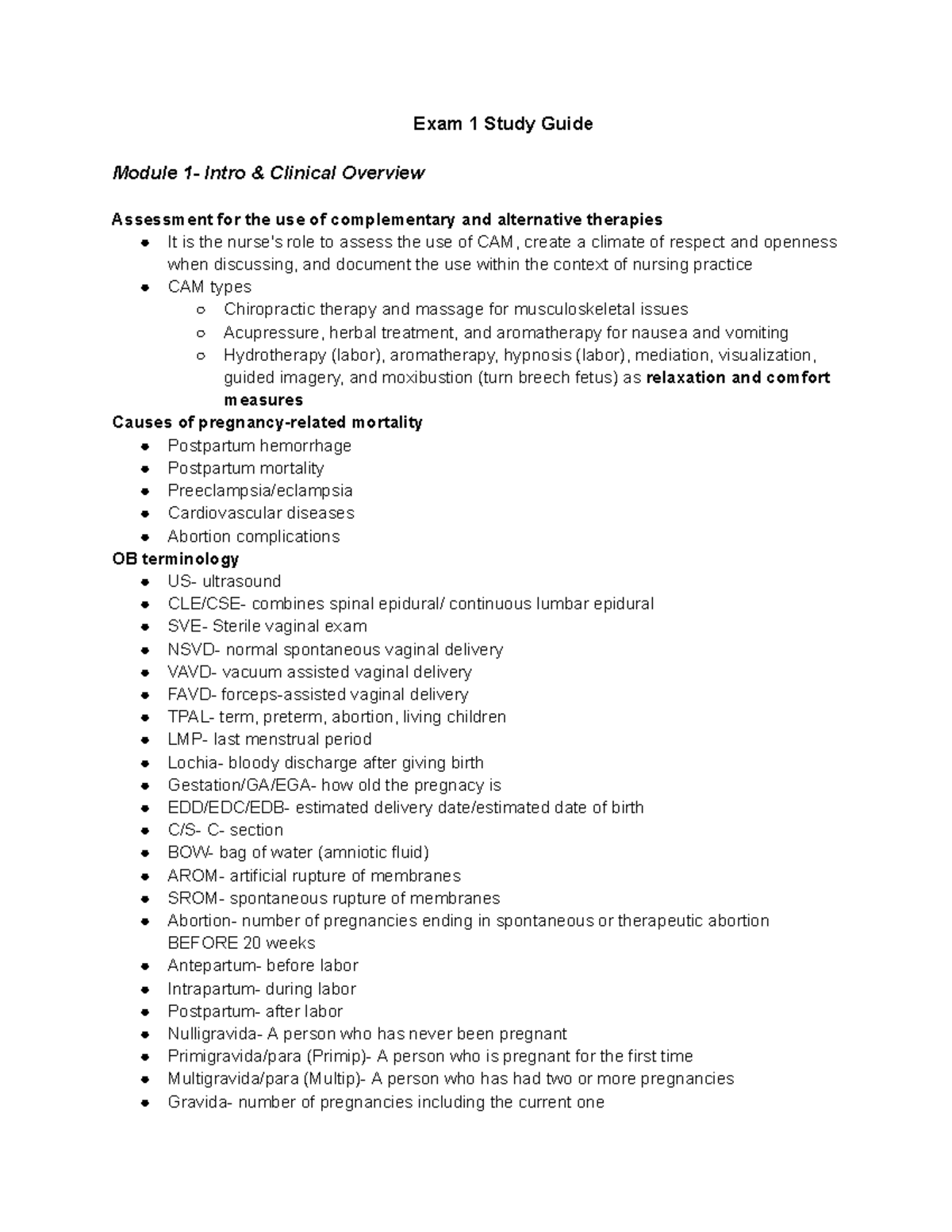 OB 101 Exam 1 Study Guide: Clinical Overview of CAM in Nursing Practice - Studocu