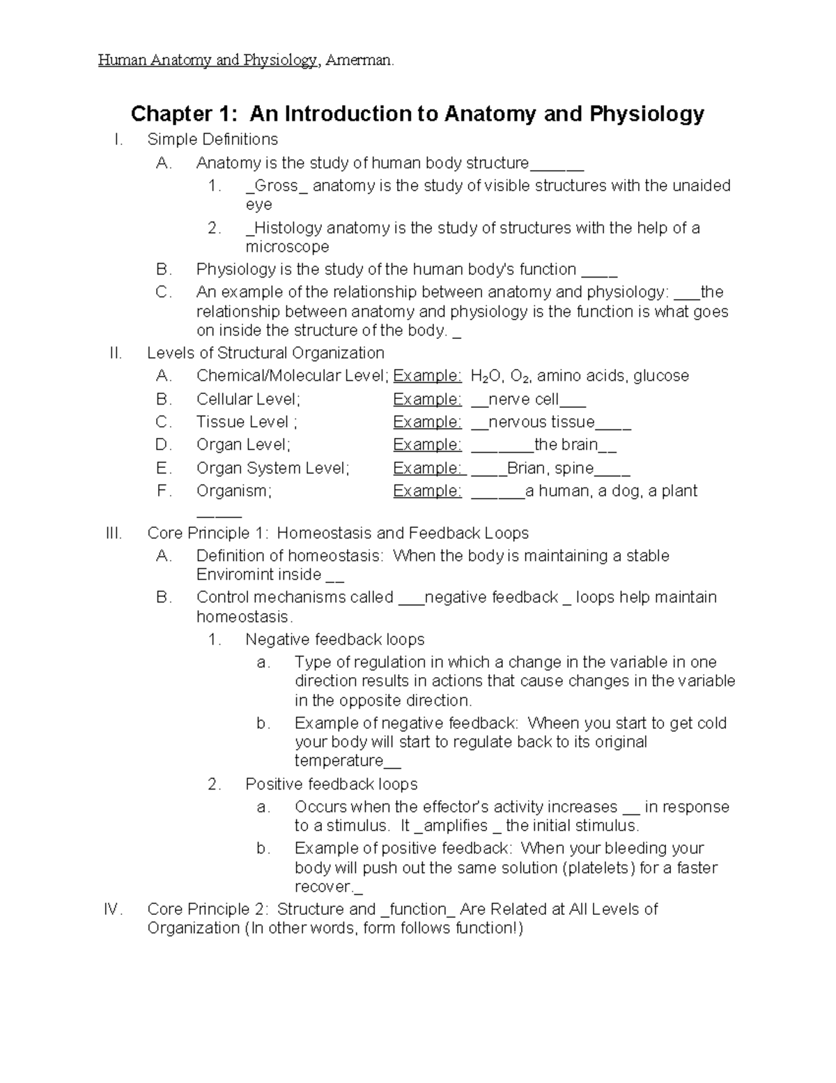 Human Anatomy And Physiology Anp101 Chapter 1 Overview And Key