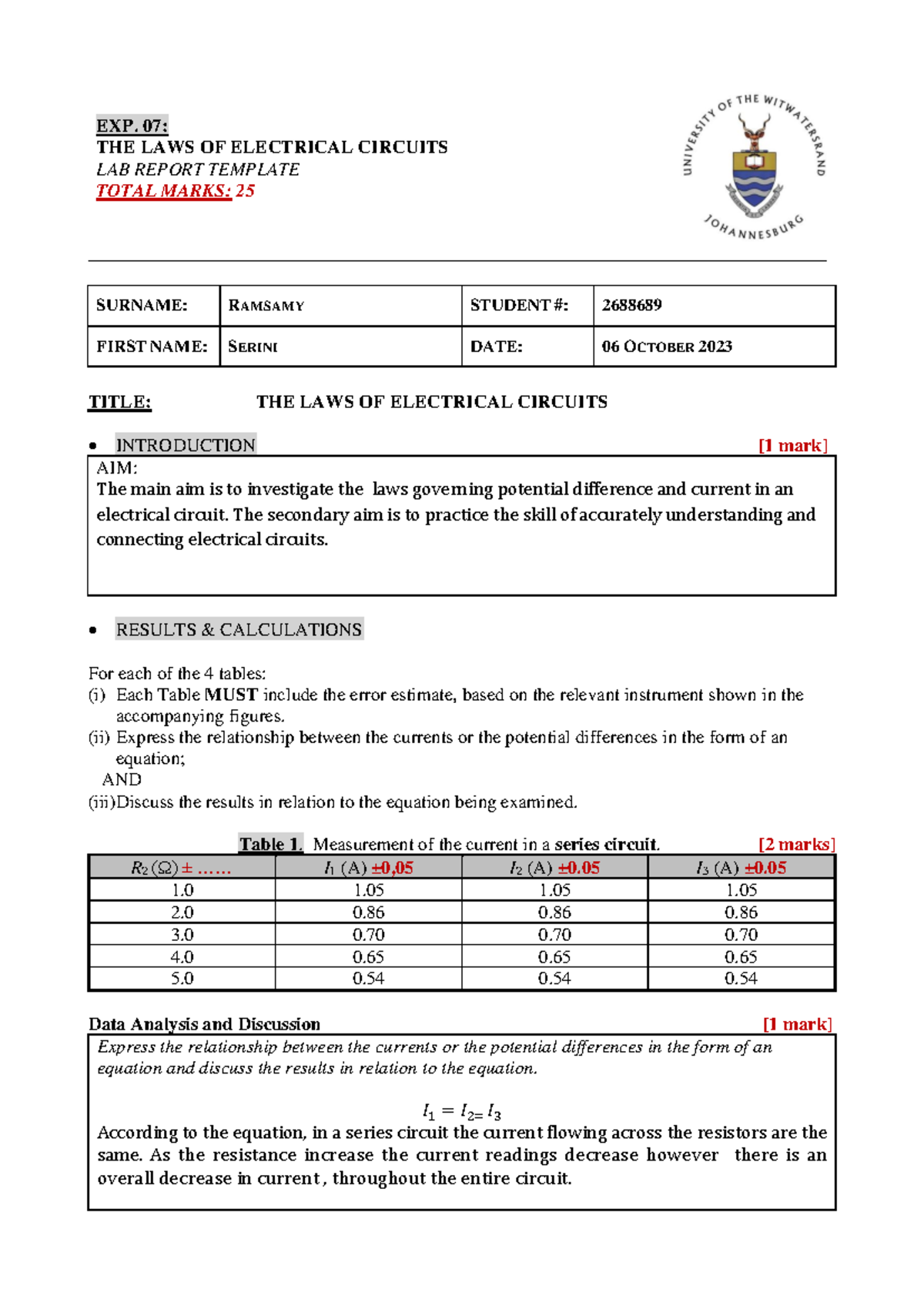 Exp07 - Laws of Electrical Circuits - Lab Report Template - Studocu