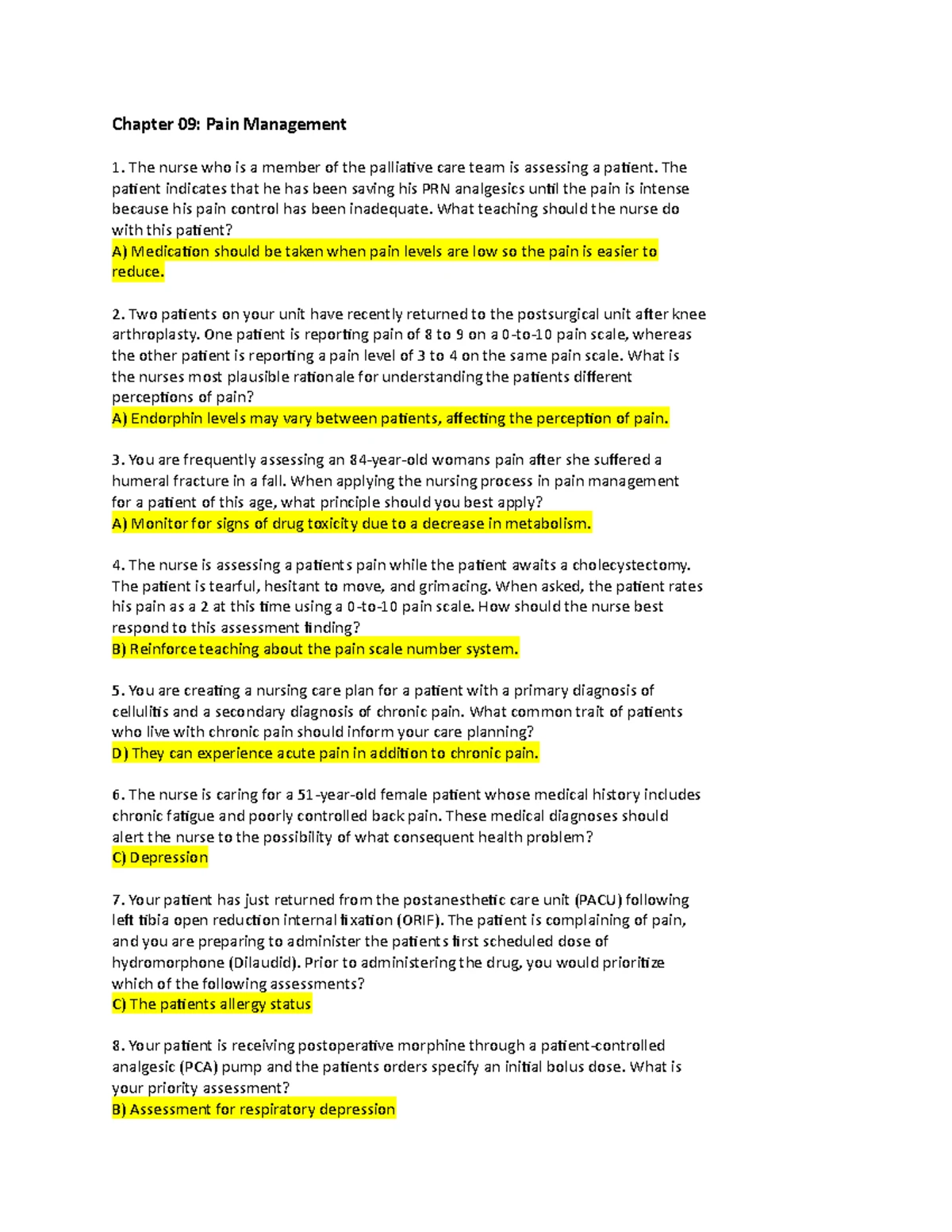 Chapter 9 Pain Management - Chapter 09: Pain Management The nurse who ...