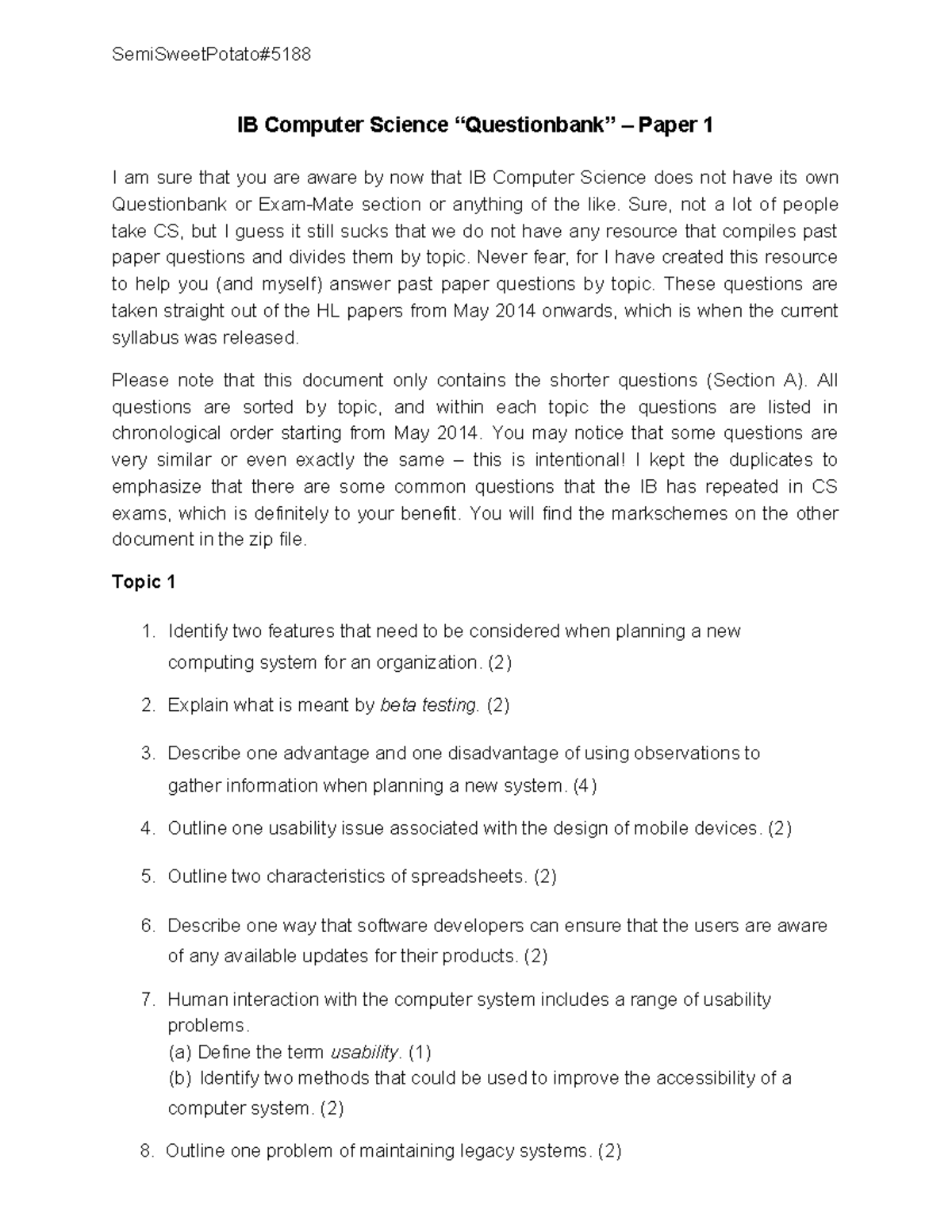 IB Computer Science Paper 1: Unofficial Questionbank (May 2014+) - Studocu