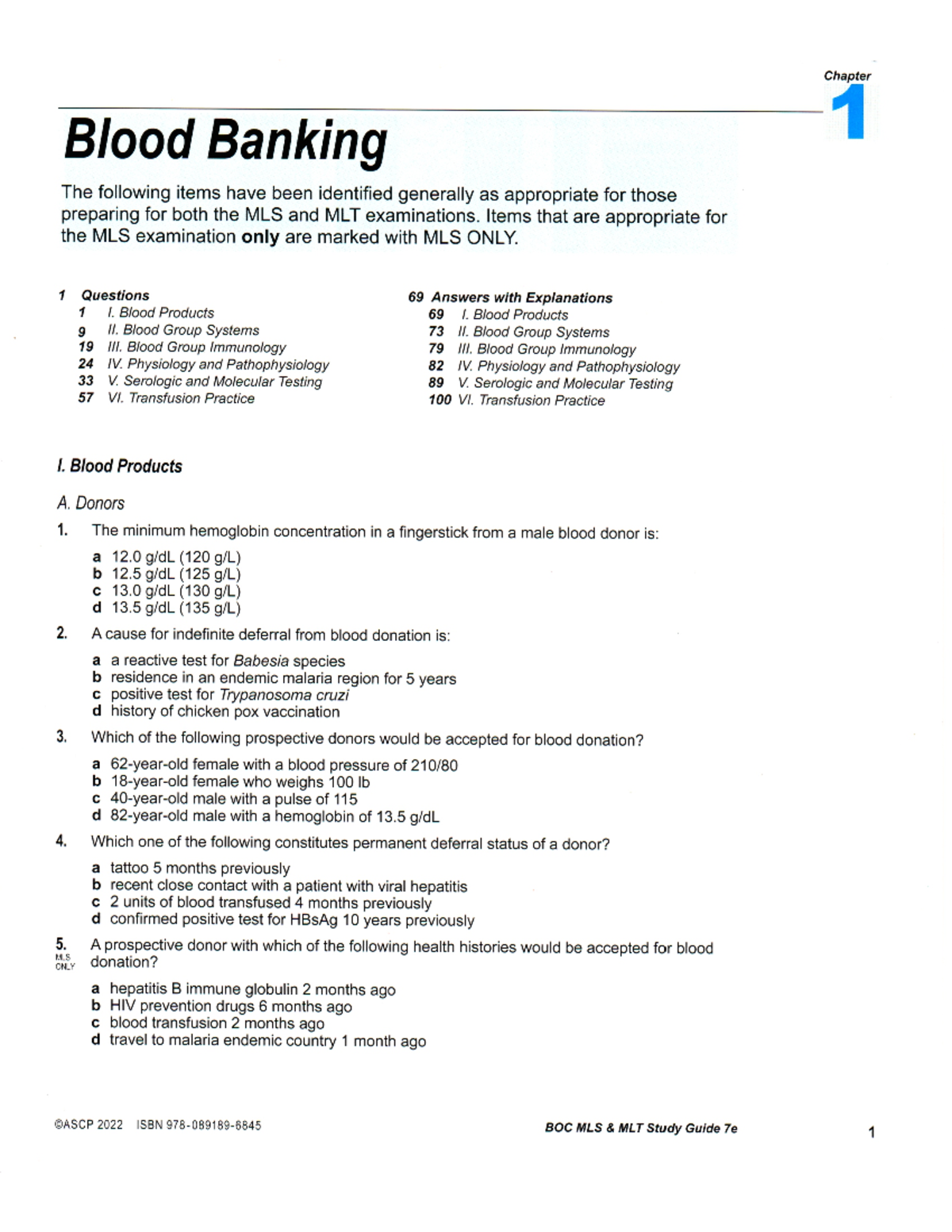 BOC BB TQ - BOC - Chapter 1 Blood Banking The following items have been ...