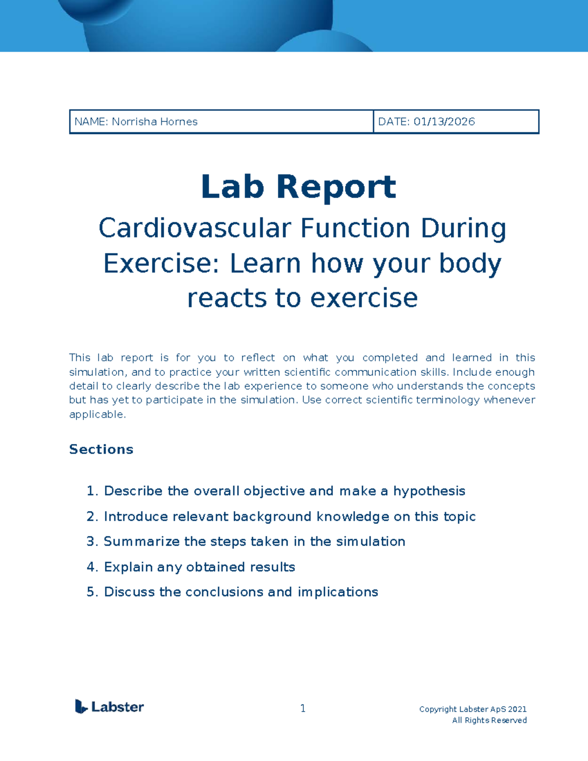 Lab Report: Cardiovascular Function During Exercise (Lab Capstone ...