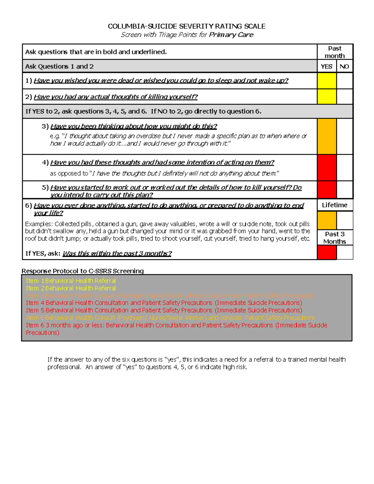 C-SSRS Screening tool for primary care short version. - COLUMBIA ...