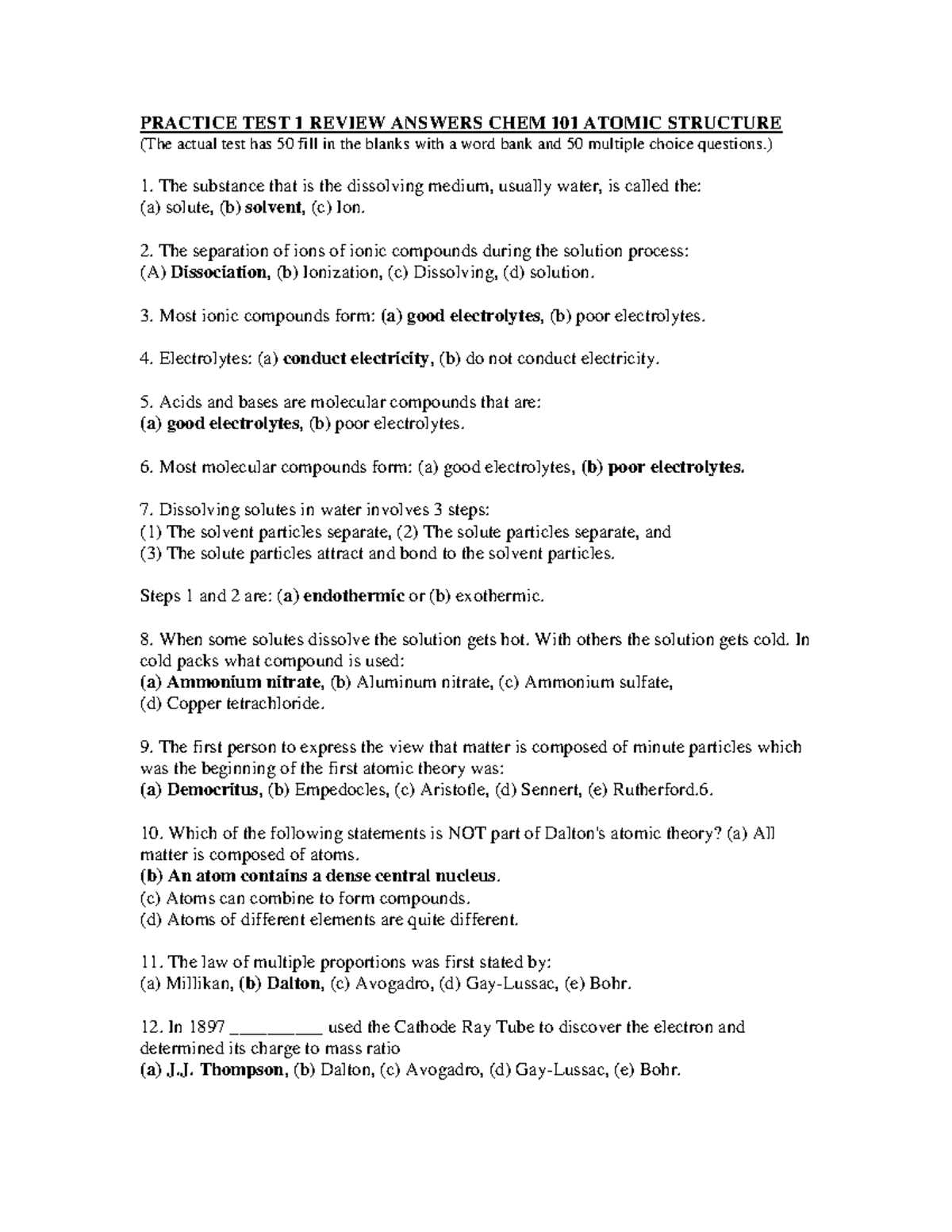 CHEM 101 - Practice Test 1 Review Answers on Atomic Structure - Studocu