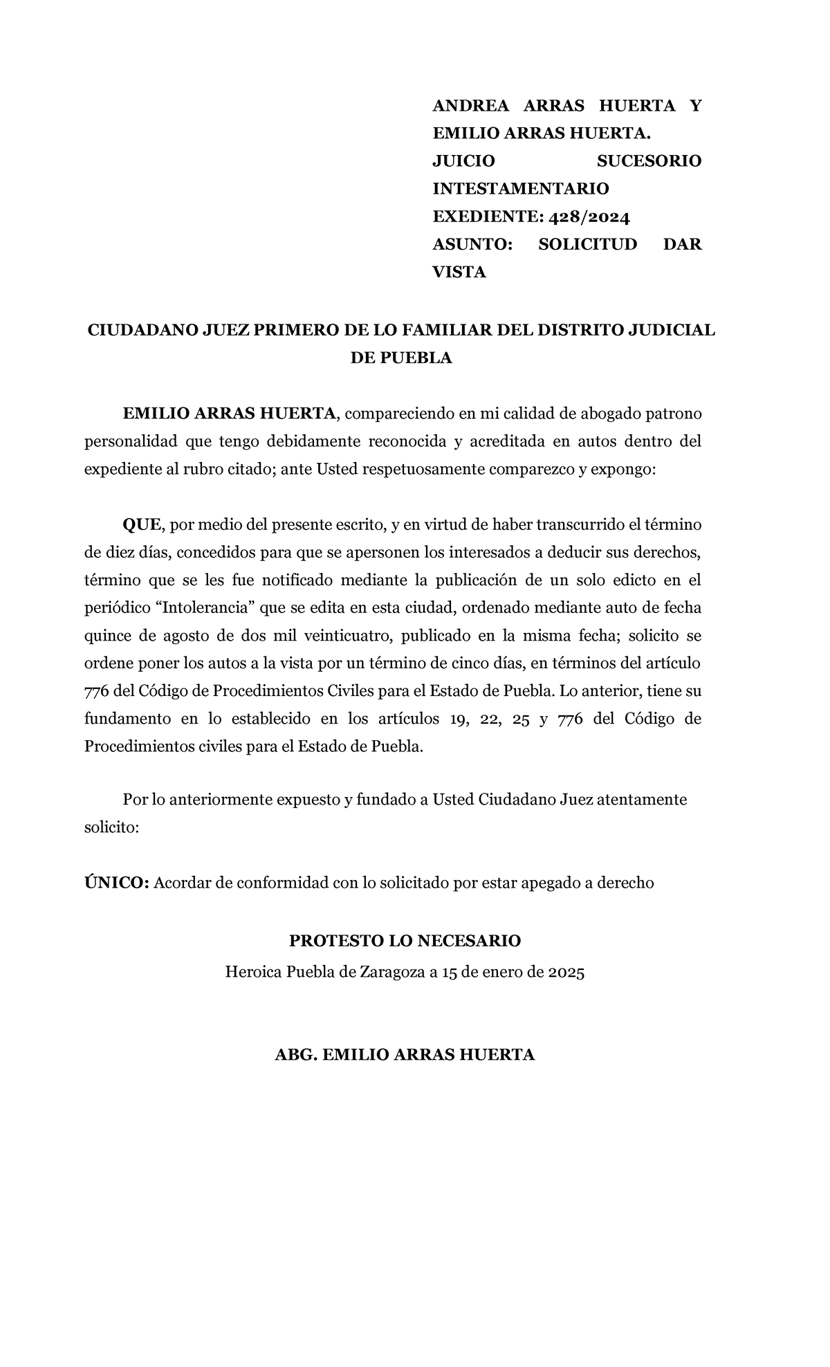 Solicitud DAR Vista - ANDREA ARRAS HUERTA Y EMILIO ARRAS HUERTA. JUICIO ...