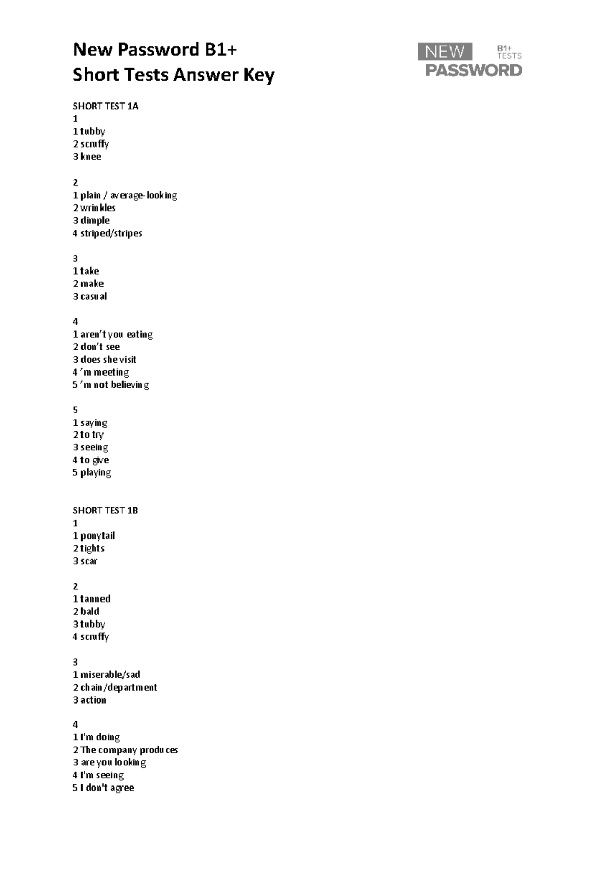 New Password B1+ ST Answer key - New Password B1+ Short Tests Answer ...