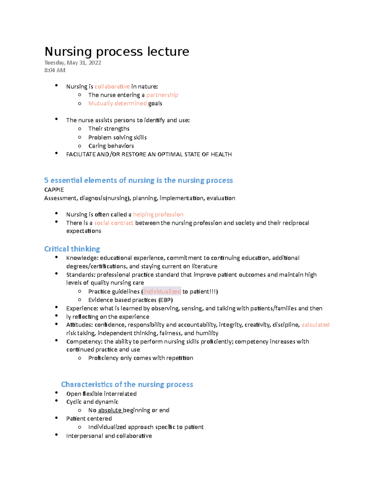 Nursing process notes - Nursing process lecture Tuesday, May 31, 2022 8 ...