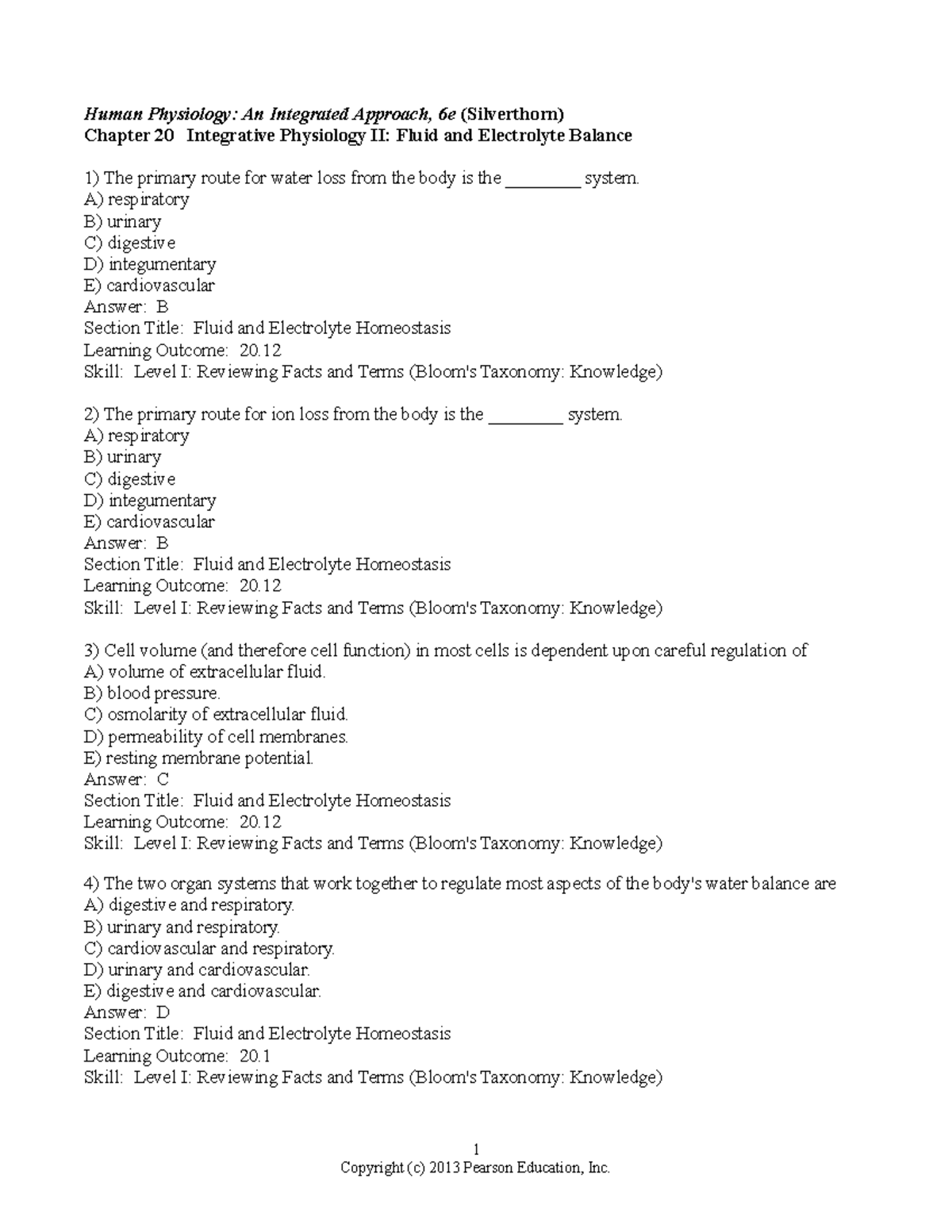 Ch 20 Test Bank: Fluid and Electrolyte Balance in Human Physiology ...