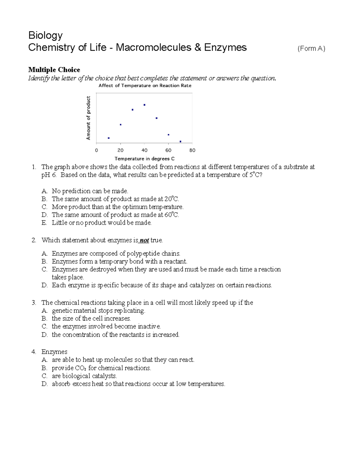 Biology 101: Chemistry of Life Practice Qs on Macromolecules & Enzymes ...