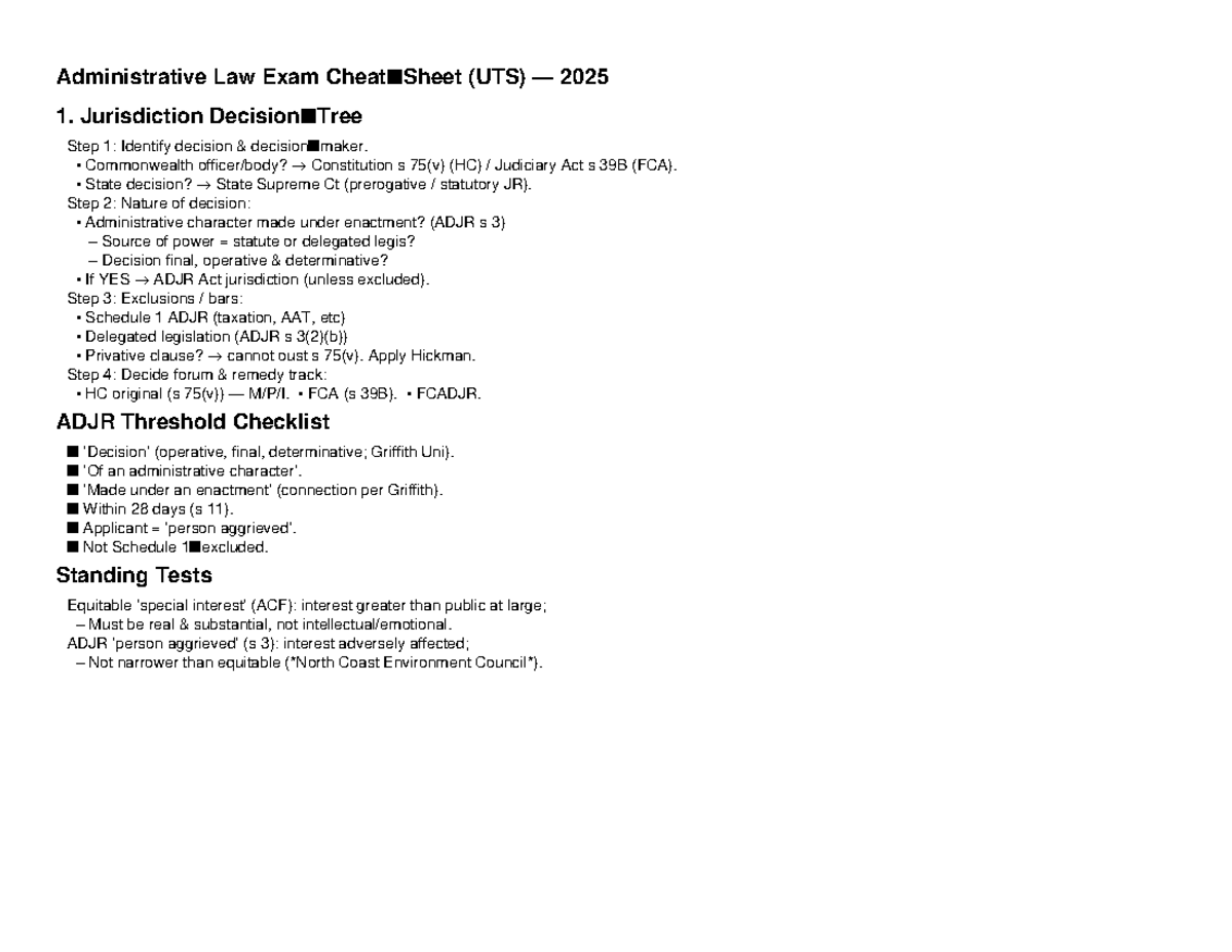 Administrative Law Exam Cheatsheet (UTS) 2025 - Studocu