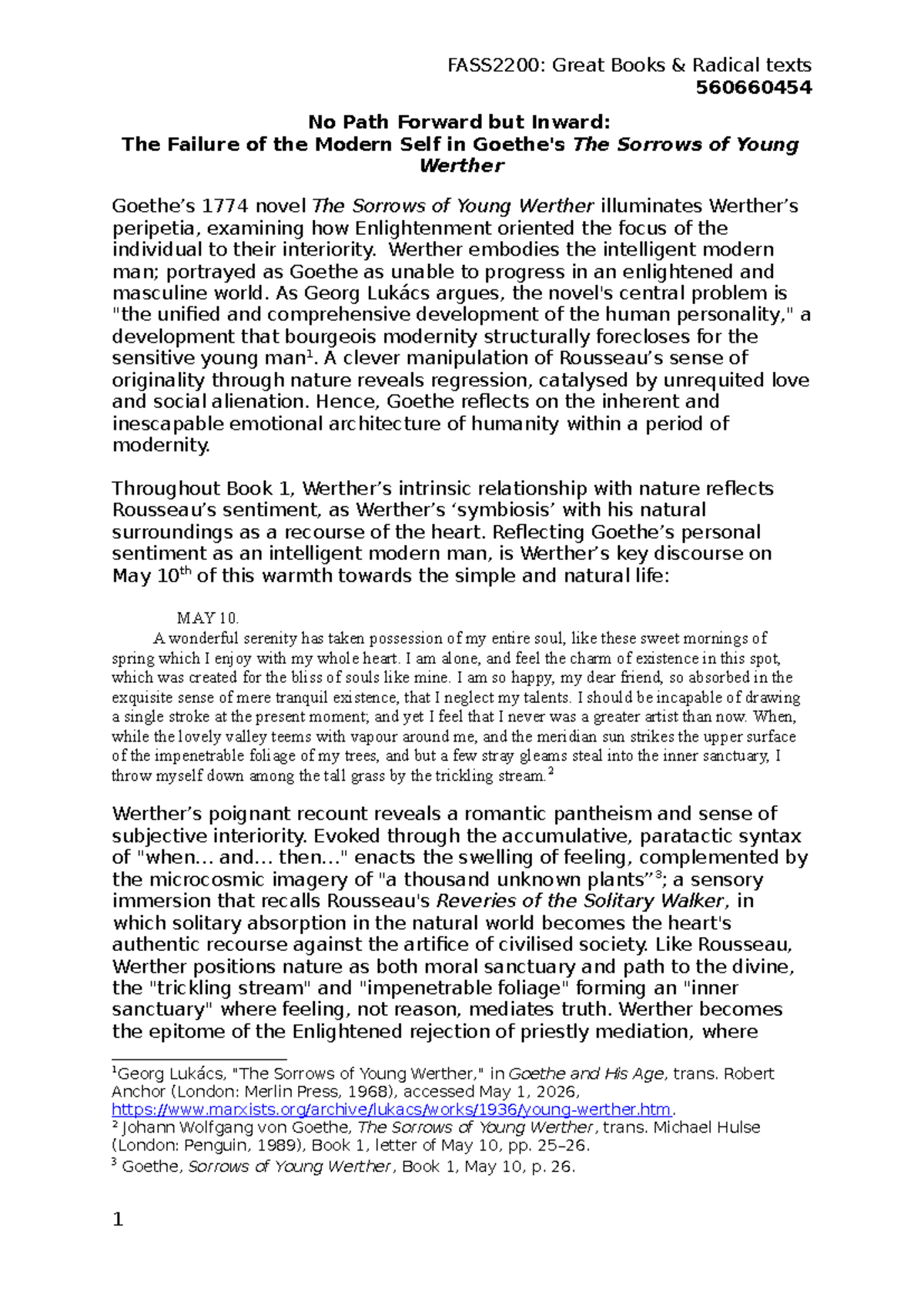 FASS2200: Final Essay on Modern Self in Goethe's The Sorrows of Young ...