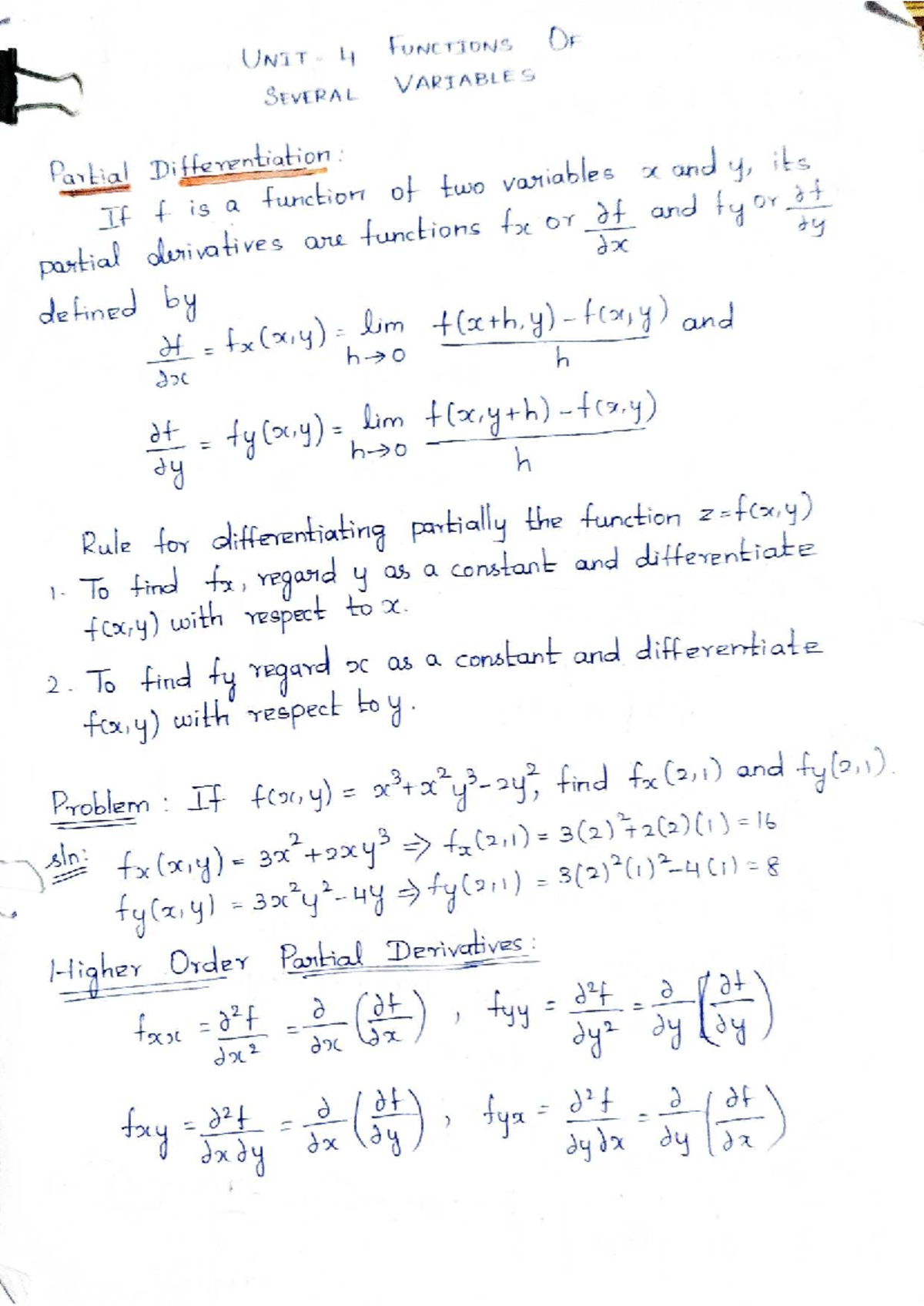 UNIT 4 FUNCTIONS OF SEVERAL VARIABLES: Partial Differentiation and ...