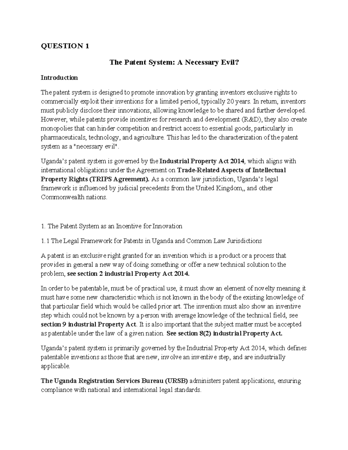 Patent Coursework 1: Analyzing the Necessity of the Patent System - Studocu