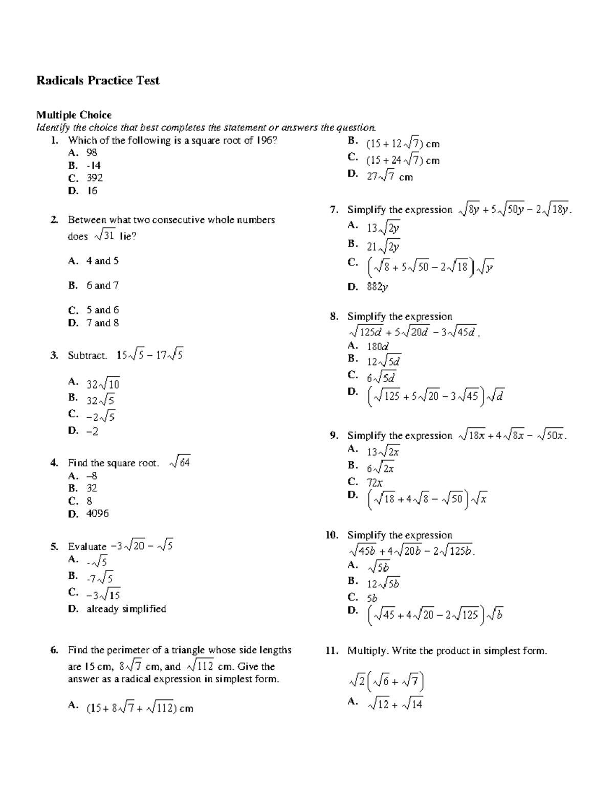 Radicals Practice Test: Multiple Choice Questions and Answers - Studocu