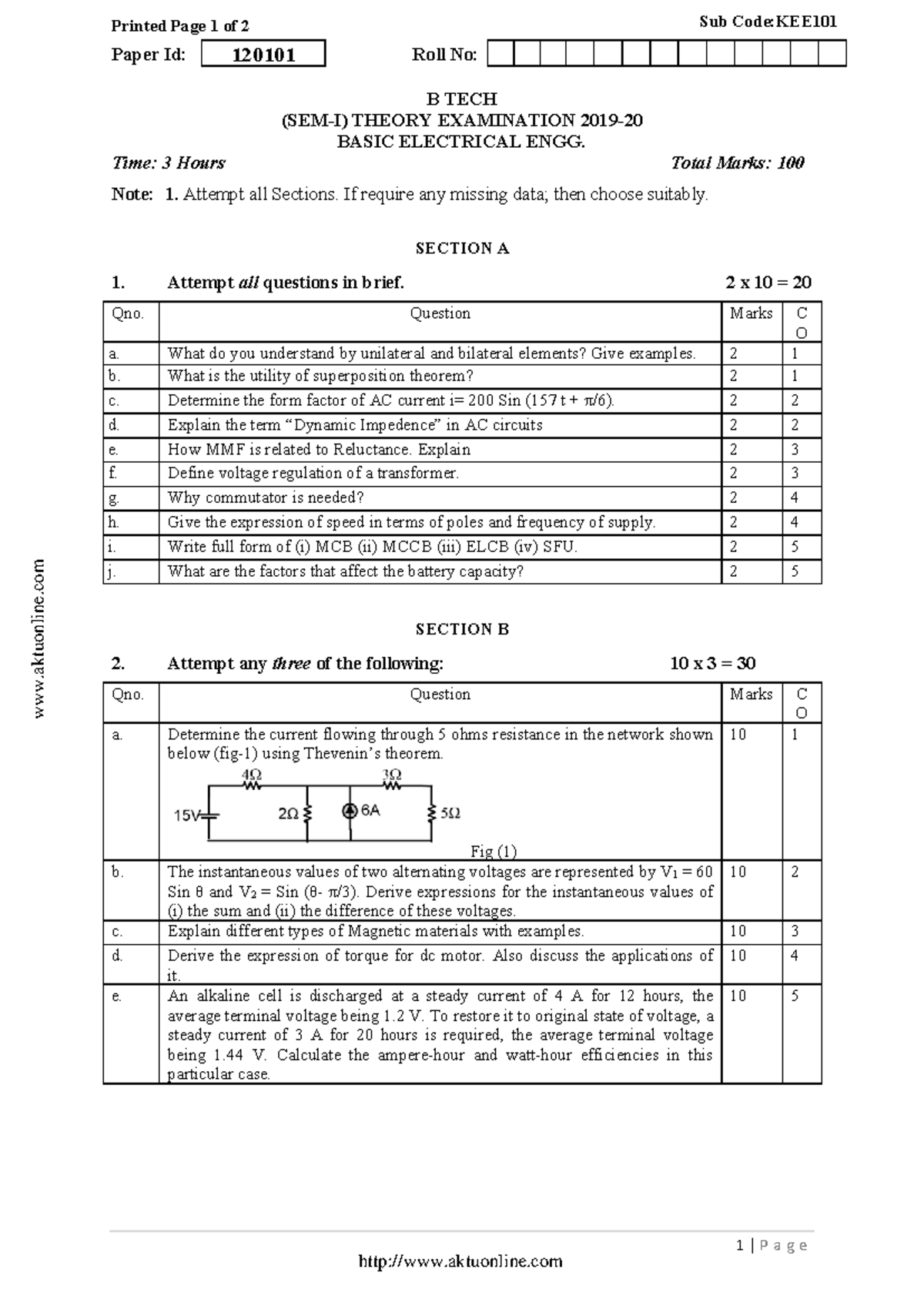 B.Tech 1st Sem KEE101 Basic Electrical Engg Theory Exam Notes - Studocu