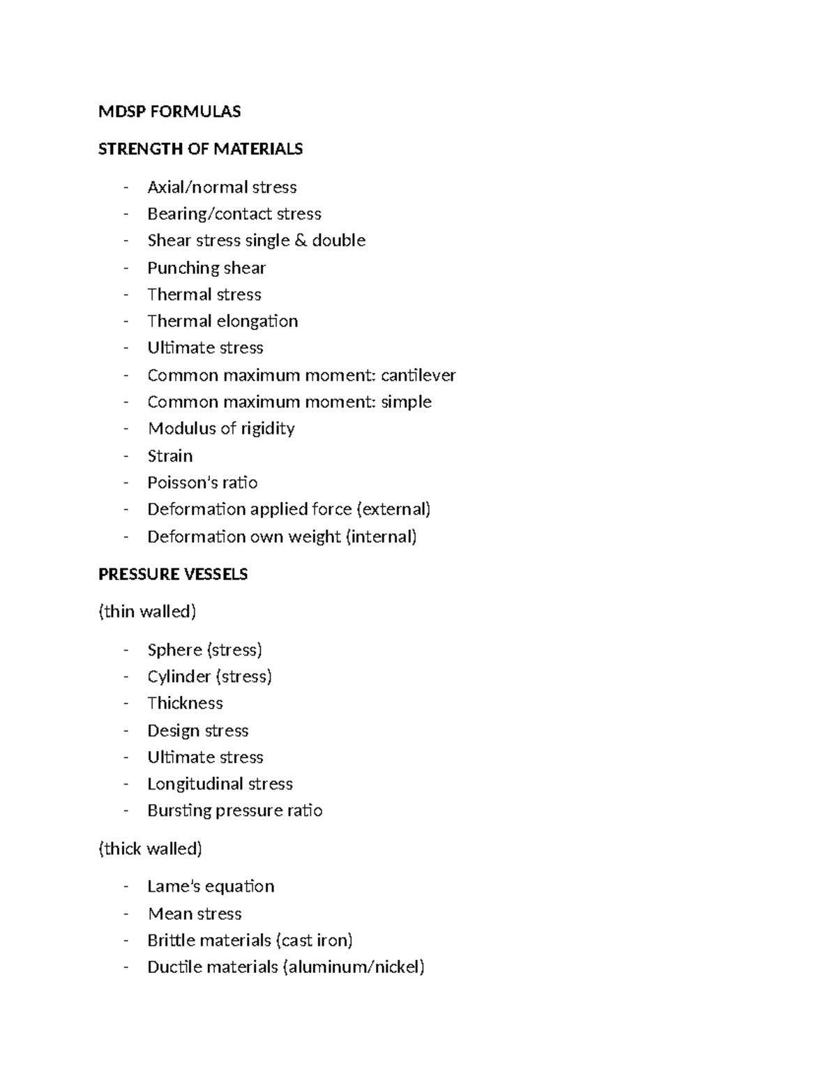MDSP Formulas - Strength of Materials Study Notes - Studocu