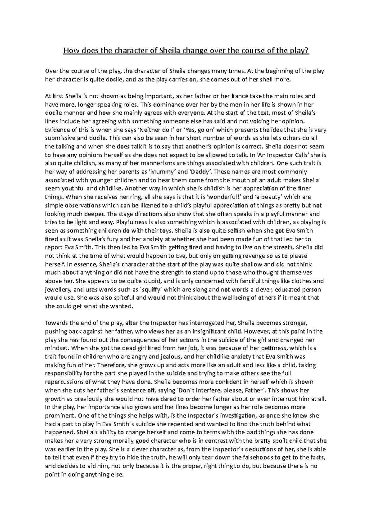 An Inspector Calls: Sheila's Character Development Essay - Studocu
