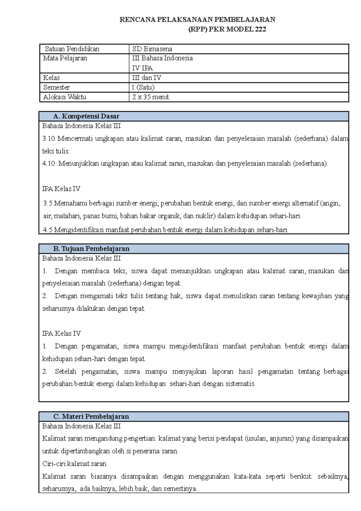 RPP PKR Model 222: Pembelajaran Bahasa Indonesia & IPA Kelas III-IV ...