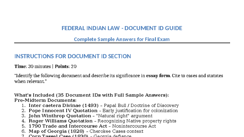 FIL 101: Federal Indian Law Document ID Guide for Final Exam - Studocu