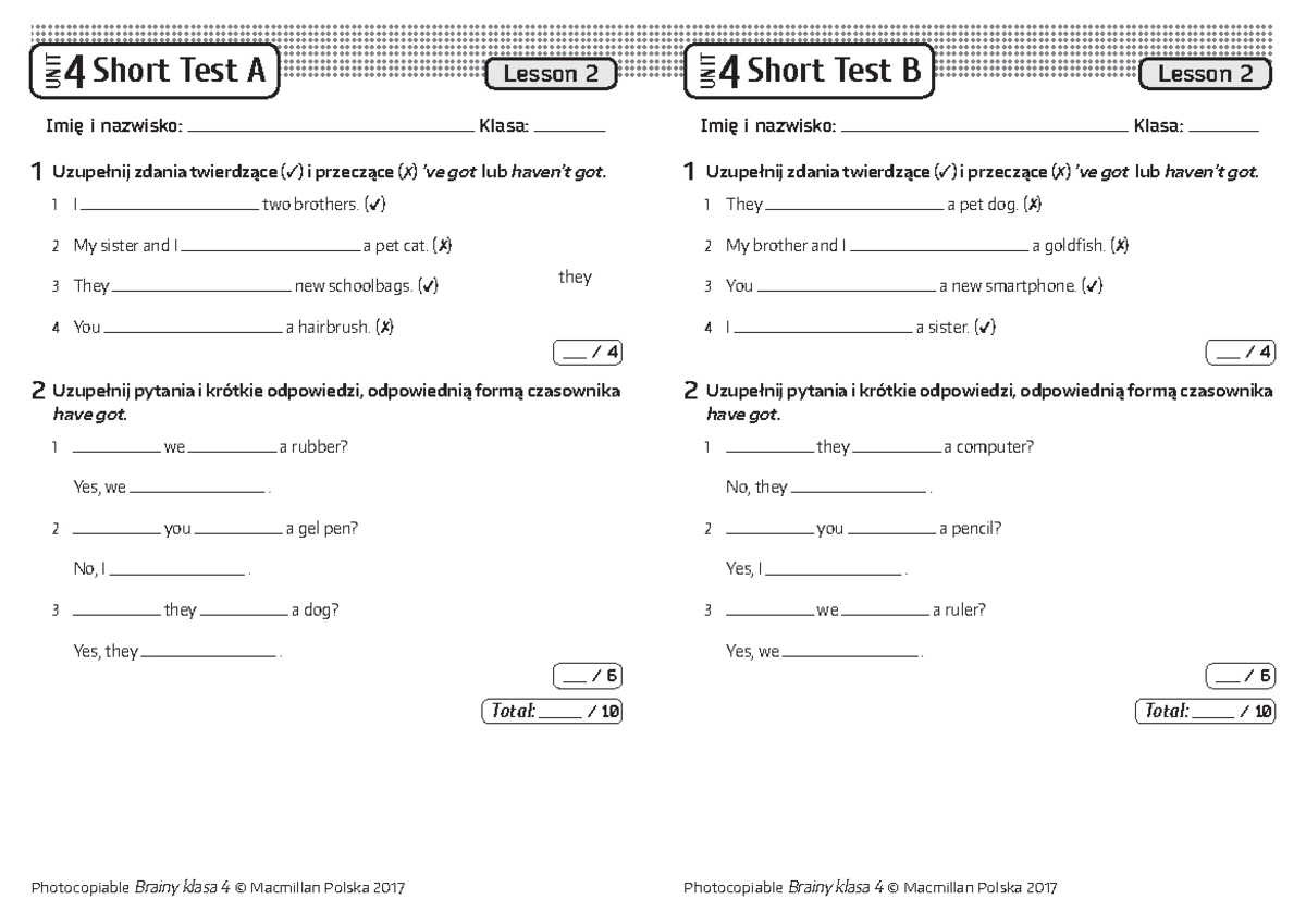 Brainy kl4 Short Tests Unit 4 Lesson 2 - Photocopiable Brainy klasa 4 ...