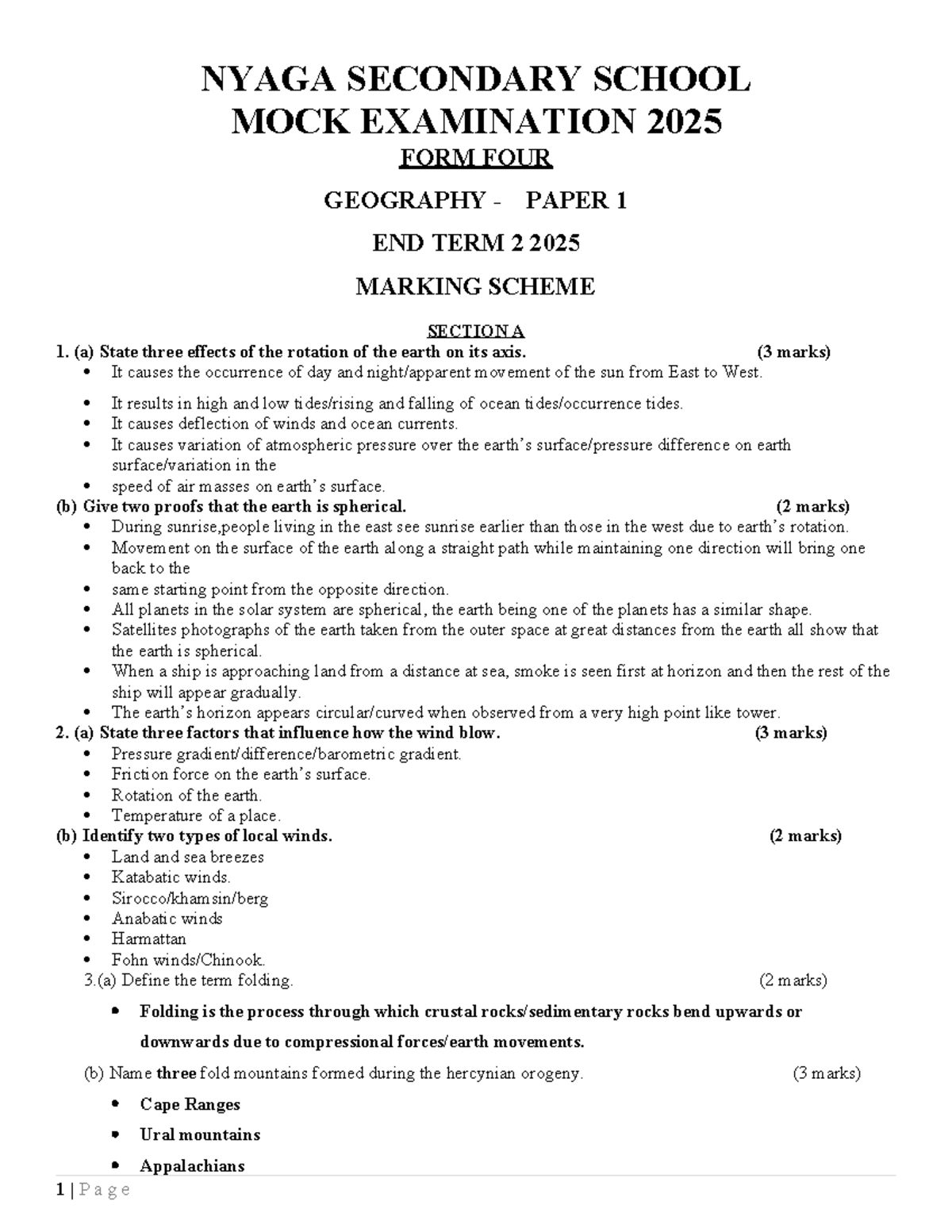 Geography F4 Mock Exam 2025 Paper 1 Marking Scheme - Studocu