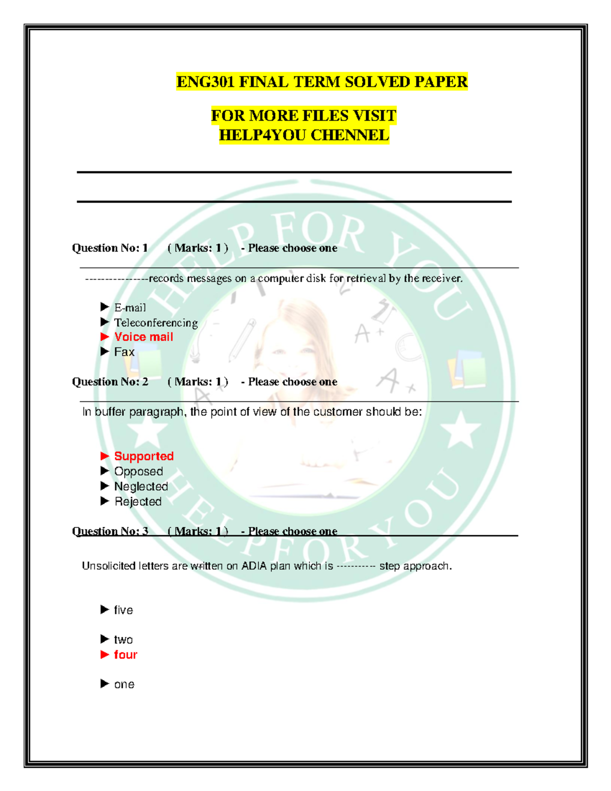 ENG301 Final Term Solved MCQs Mega File Compilation by Help4You - Studocu